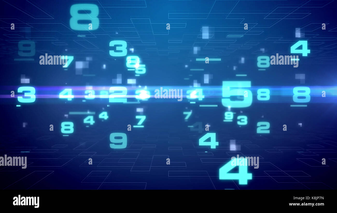 Sci-fi 3d illustration of flying light blue digits located between two ...