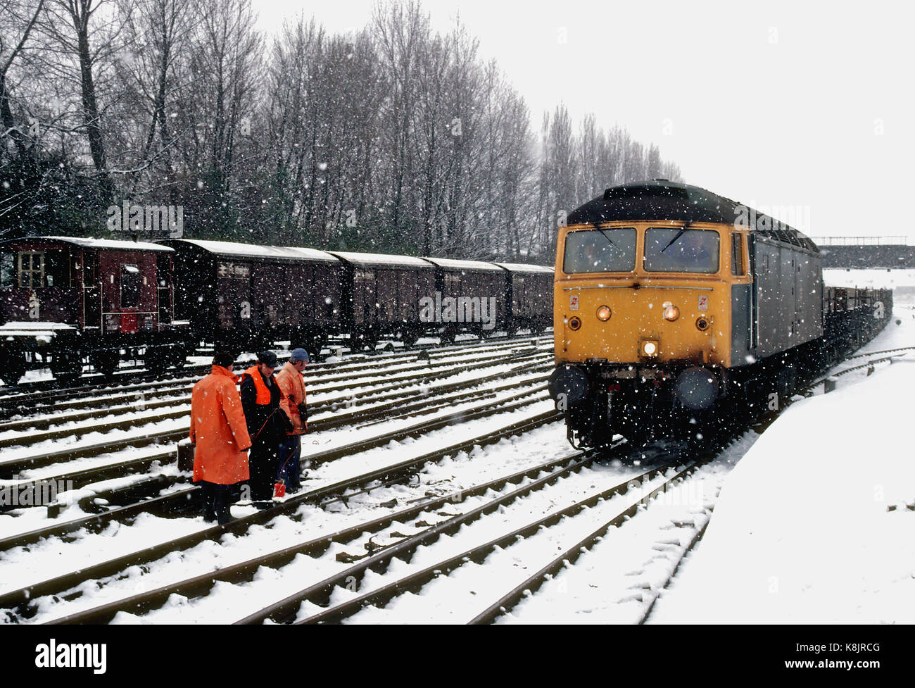 Class 47 locomotive on a freight train in the snow at York in the 1980 ...