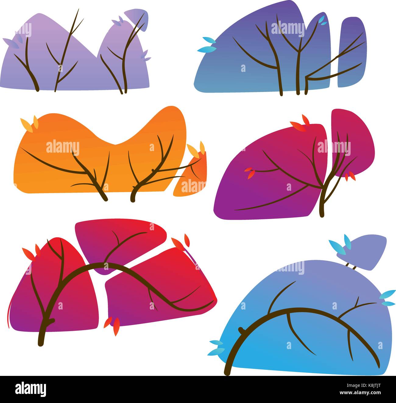 Various multi-colored bushes on white background. Colorful bushes set ...