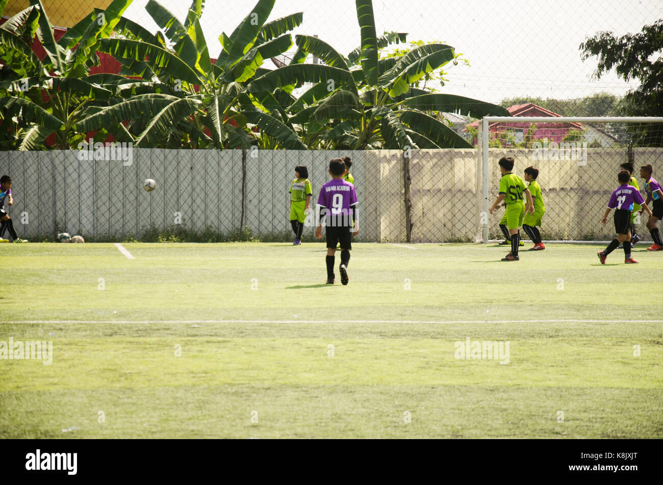 Asian thai children playing futsal in tournament at futsal pitch on ...