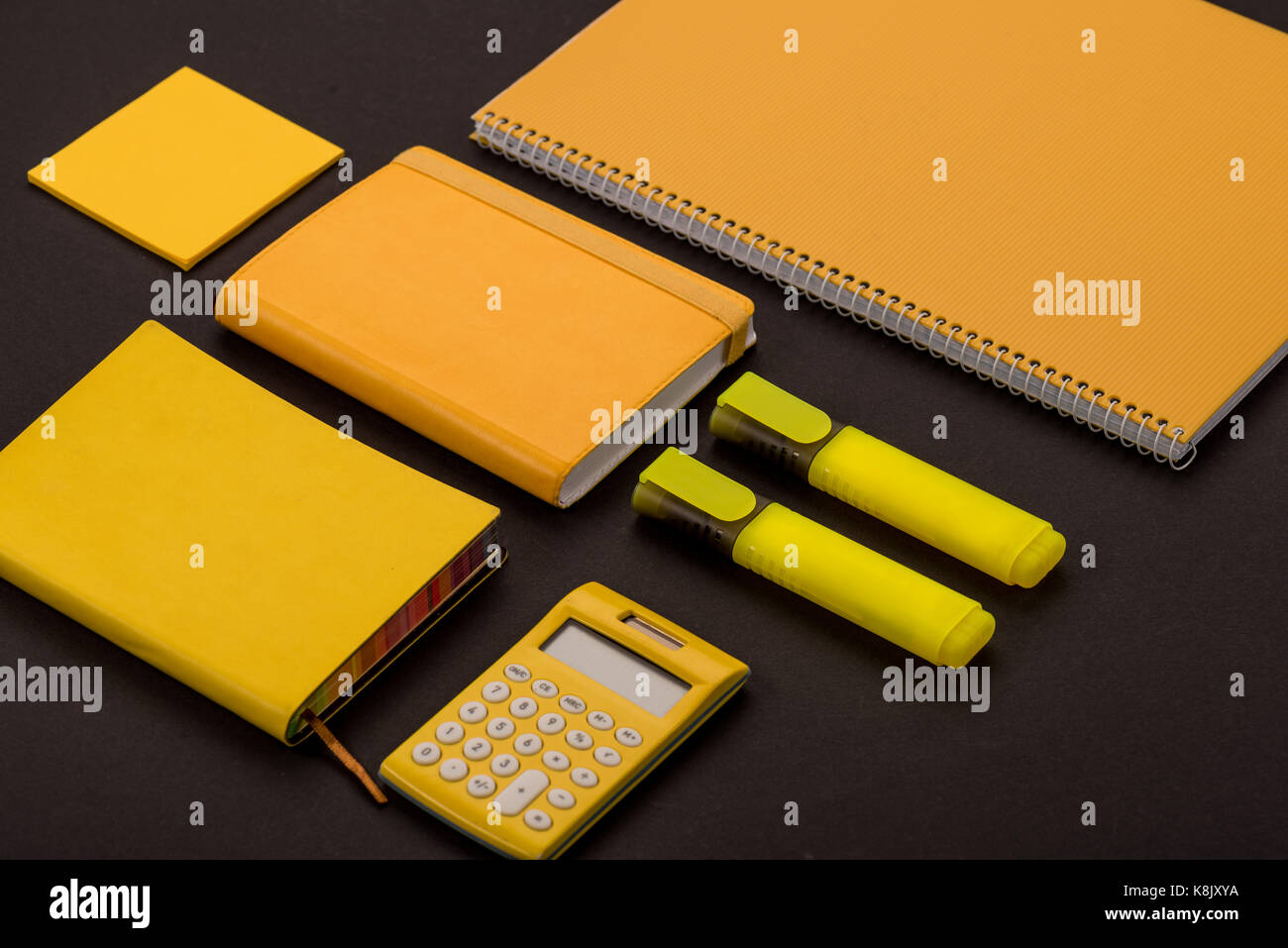 isometric composition of yellow school supplies Stock Photo - Alamy