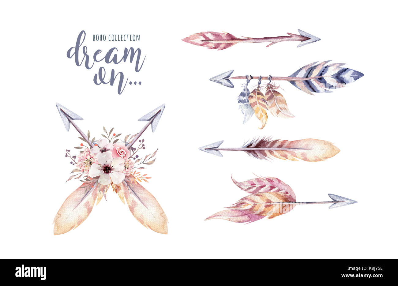 Watercolor colorful ethnic set of arrows and flowers in native American ...