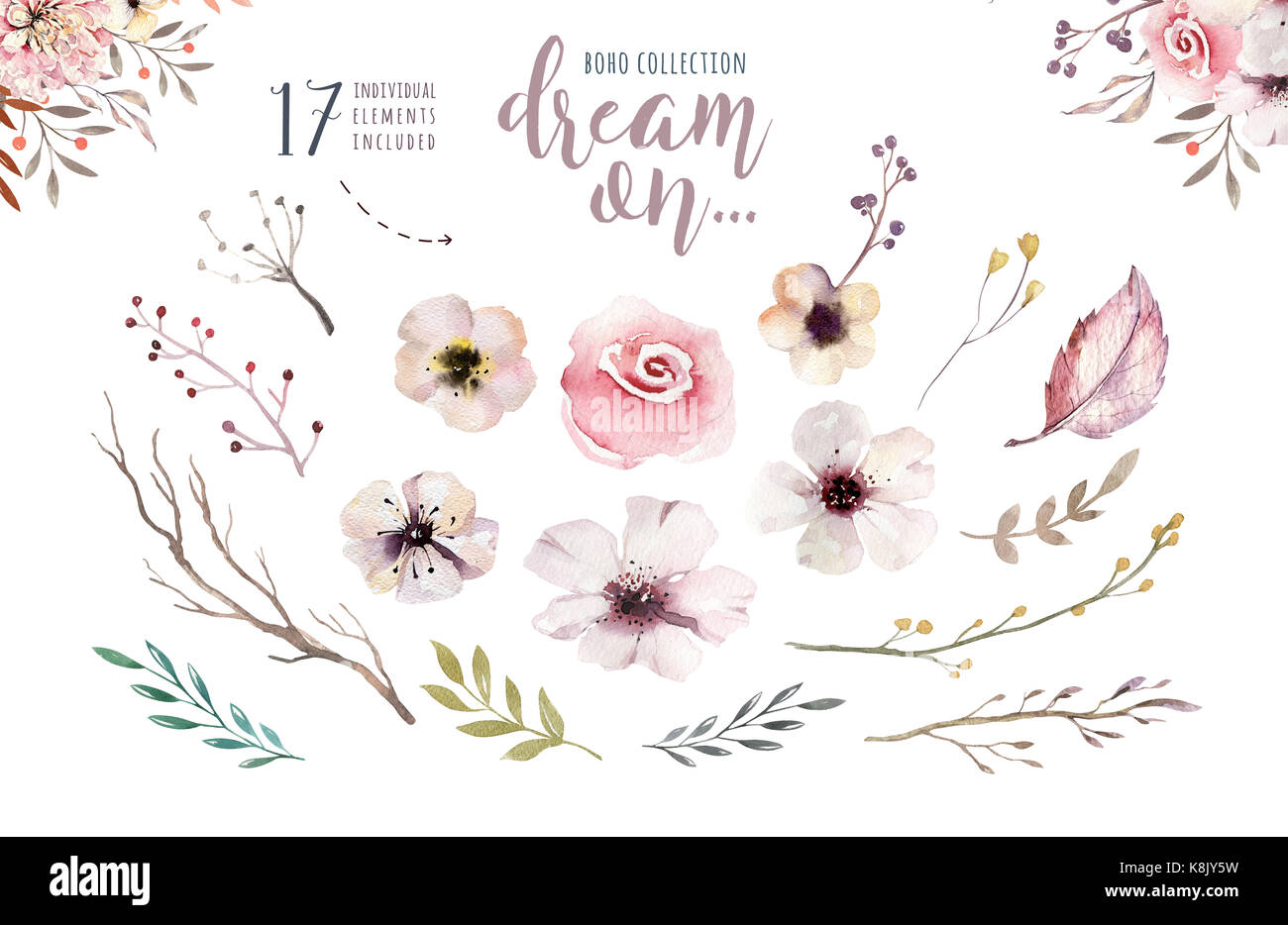 Set of watercolor boho floral foliage. Watercolour bohemian natural ...