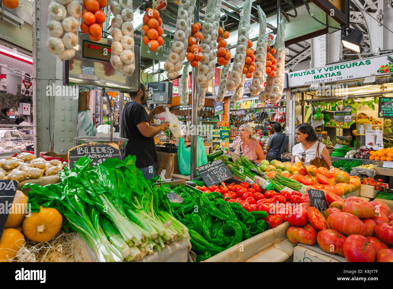Valencia Spain food, view of people shopping at a vegetable stall ...