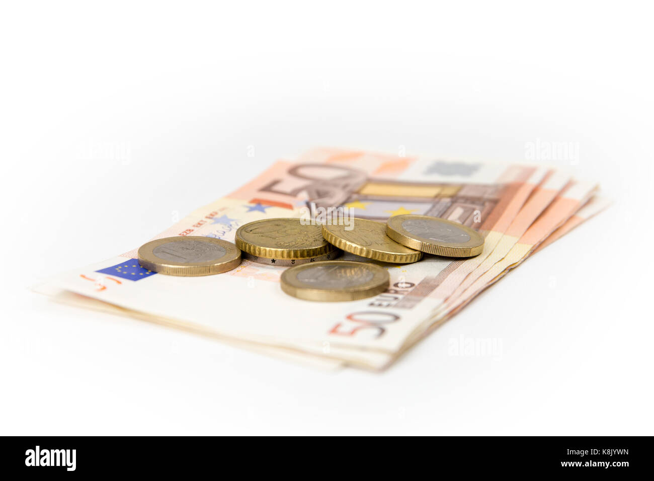 Stack of Euro banknotes and coins isolated. 50 Euro banknotes. European ...