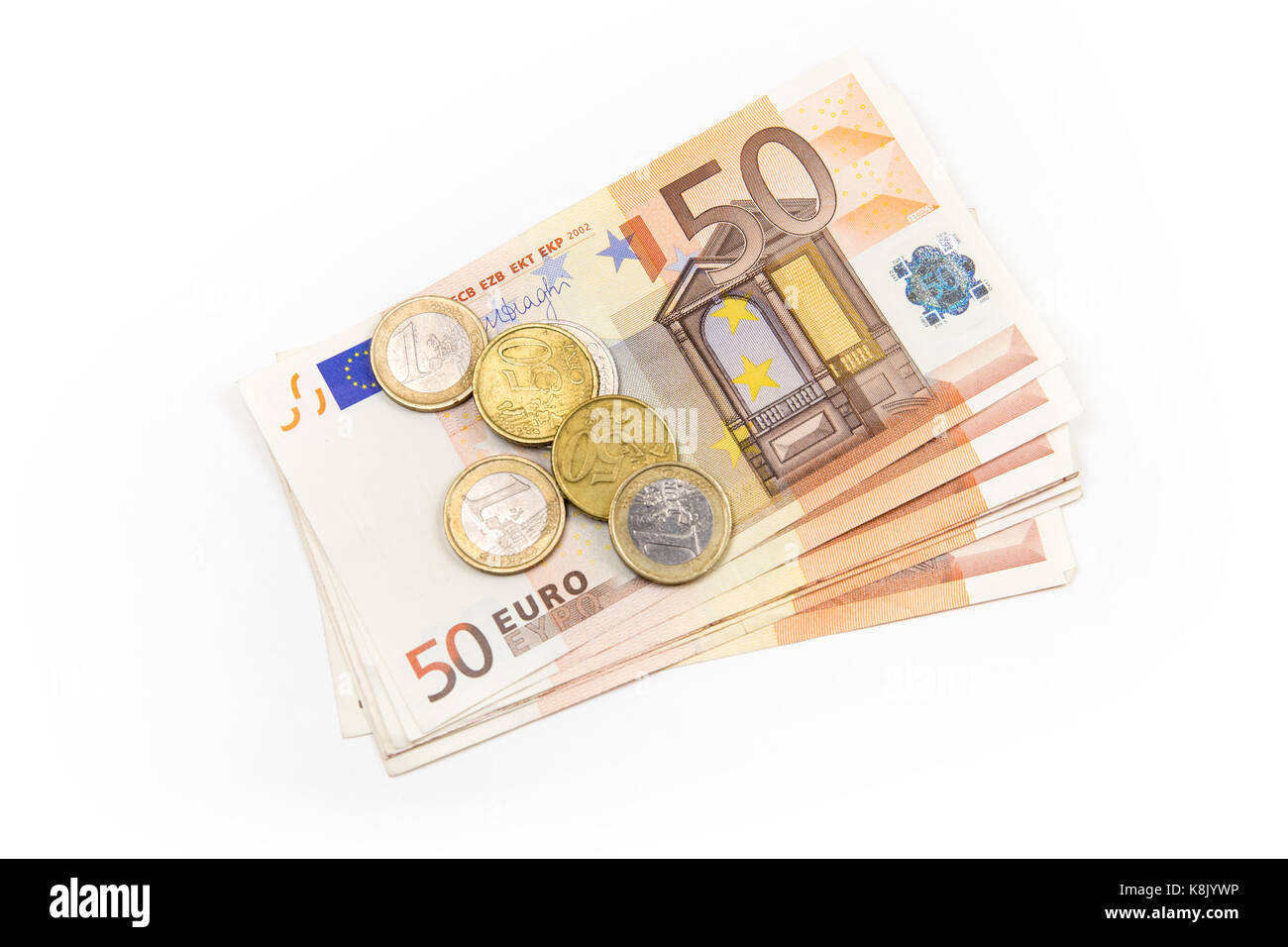 Stack of Euro banknotes and coins isolated. 50 Euro banknotes. European ...