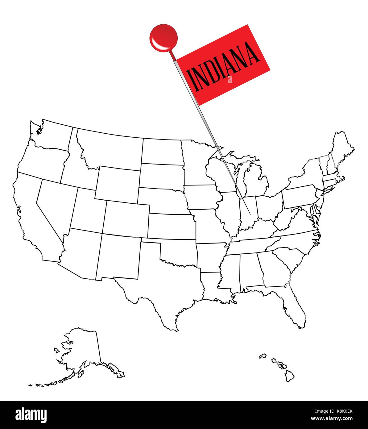 An outline map of USA with a knob pin in the state of Indiana Stock ...