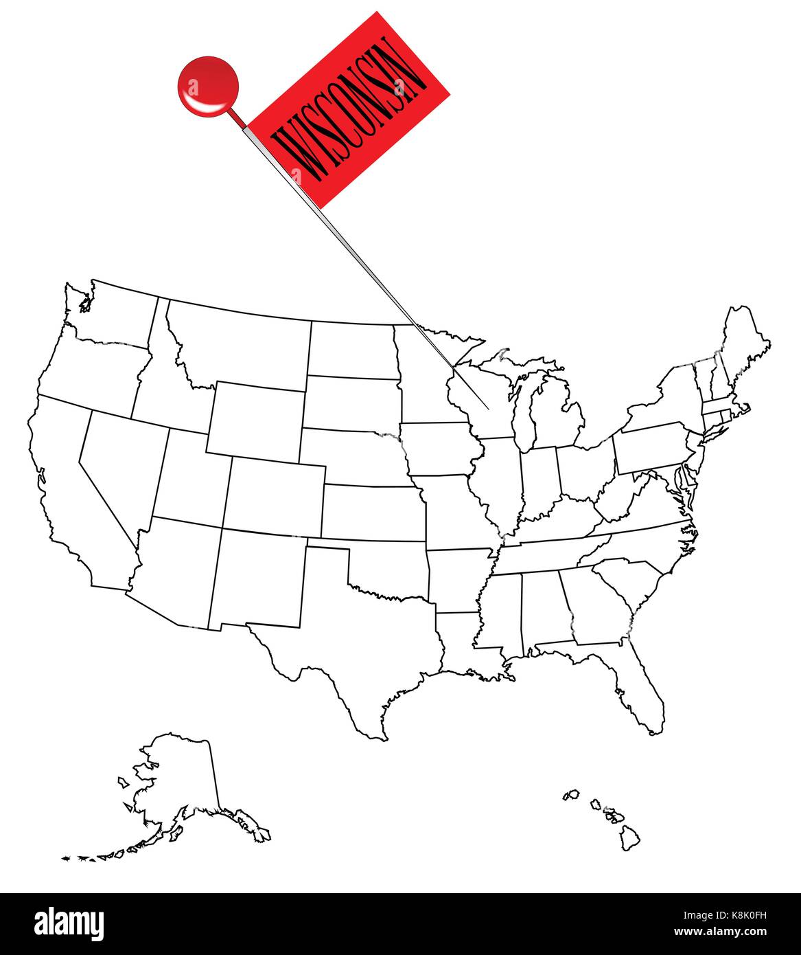 An outline map of USA with a knob pin in the state of Wisconsin Stock ...