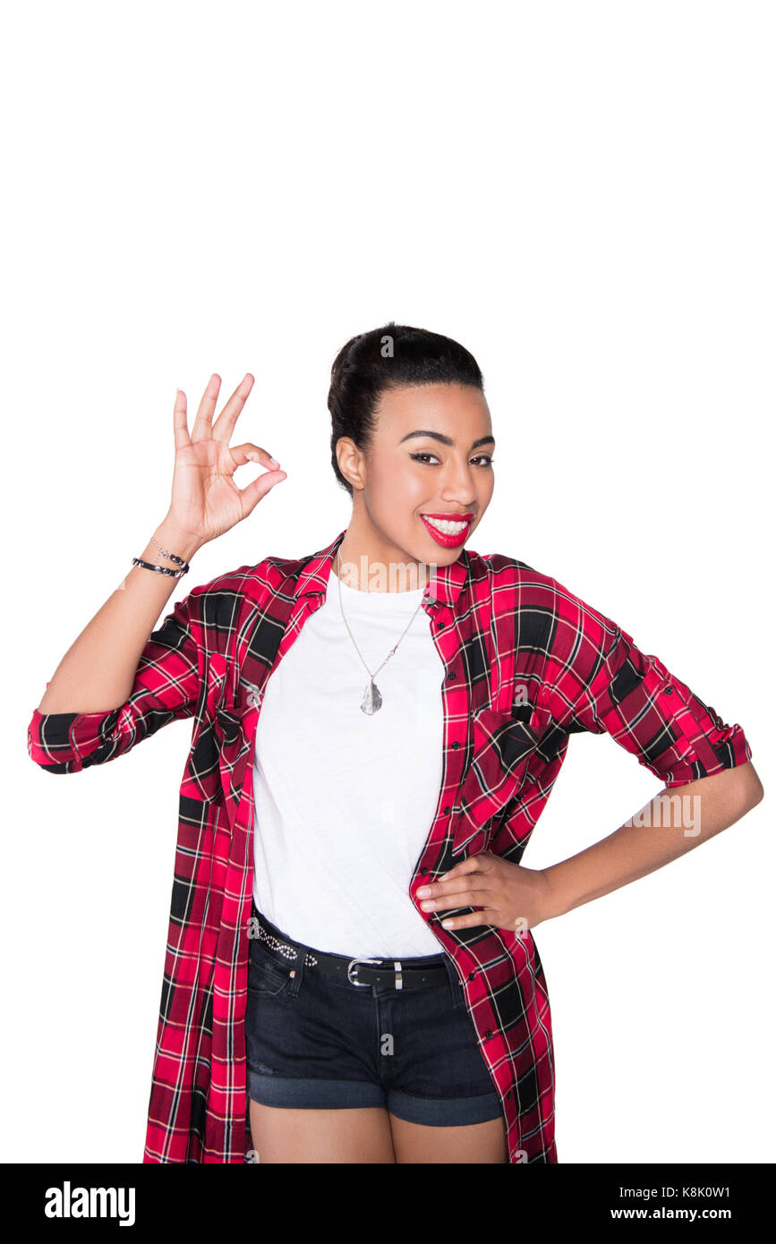 woman showing okay sign Stock Photo - Alamy