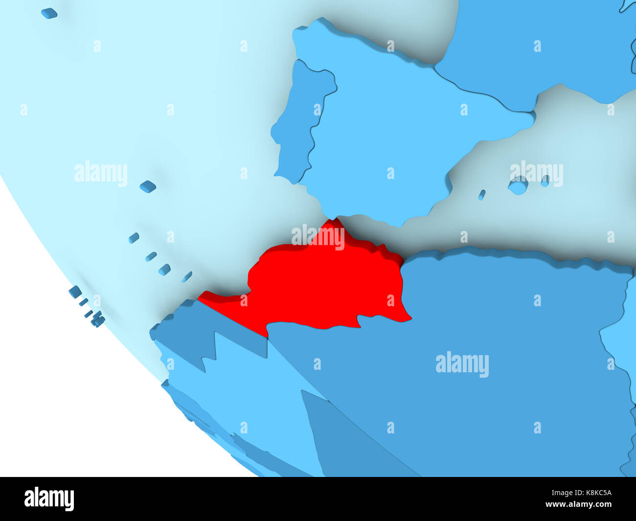 Morocco highlighted in red on blue political globe. 3D illustration ...