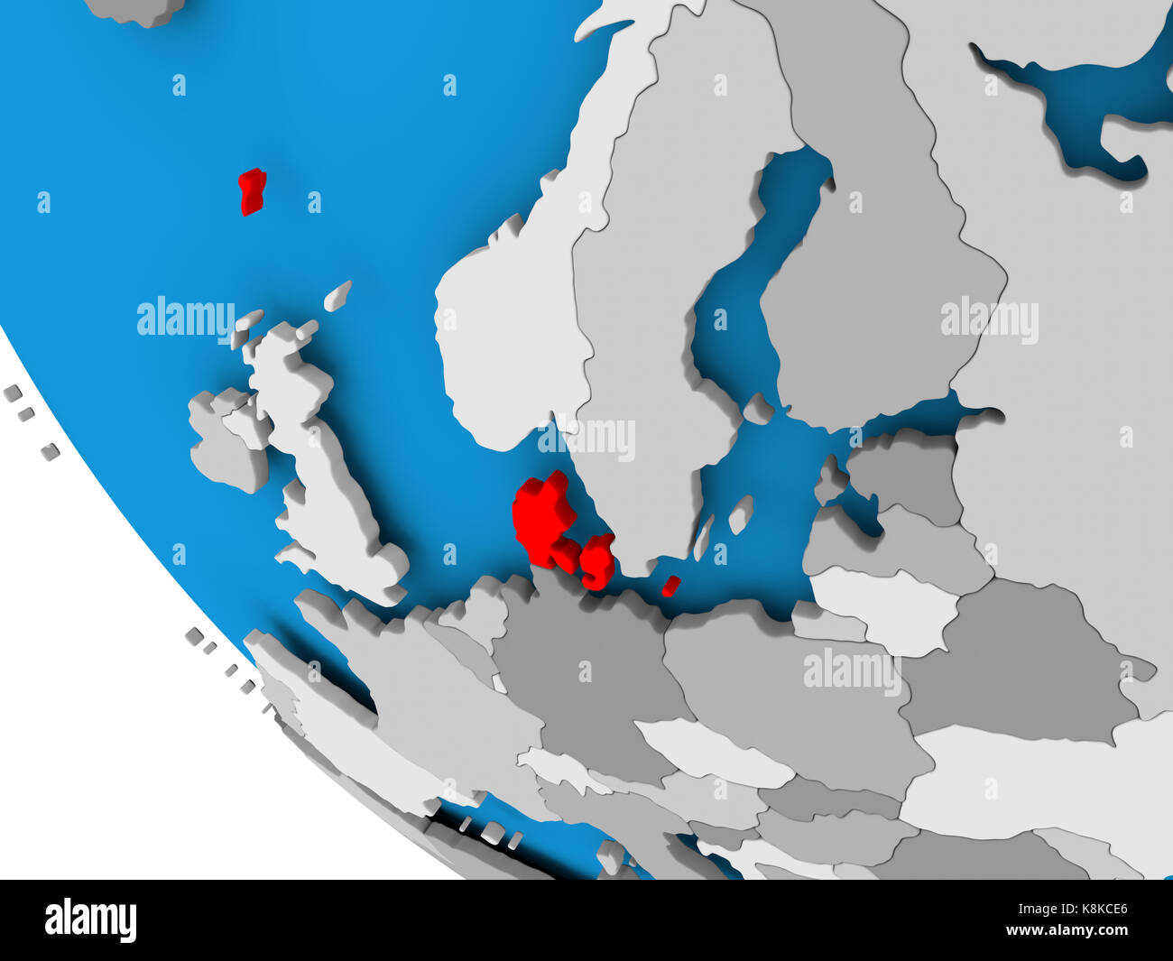 Map of Denmark in red on political globe. 3D illustration Stock Photo ...