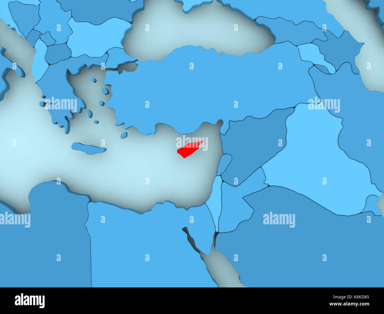 Cyprus in red on blue political map. 3D illustration Stock Photo - Alamy