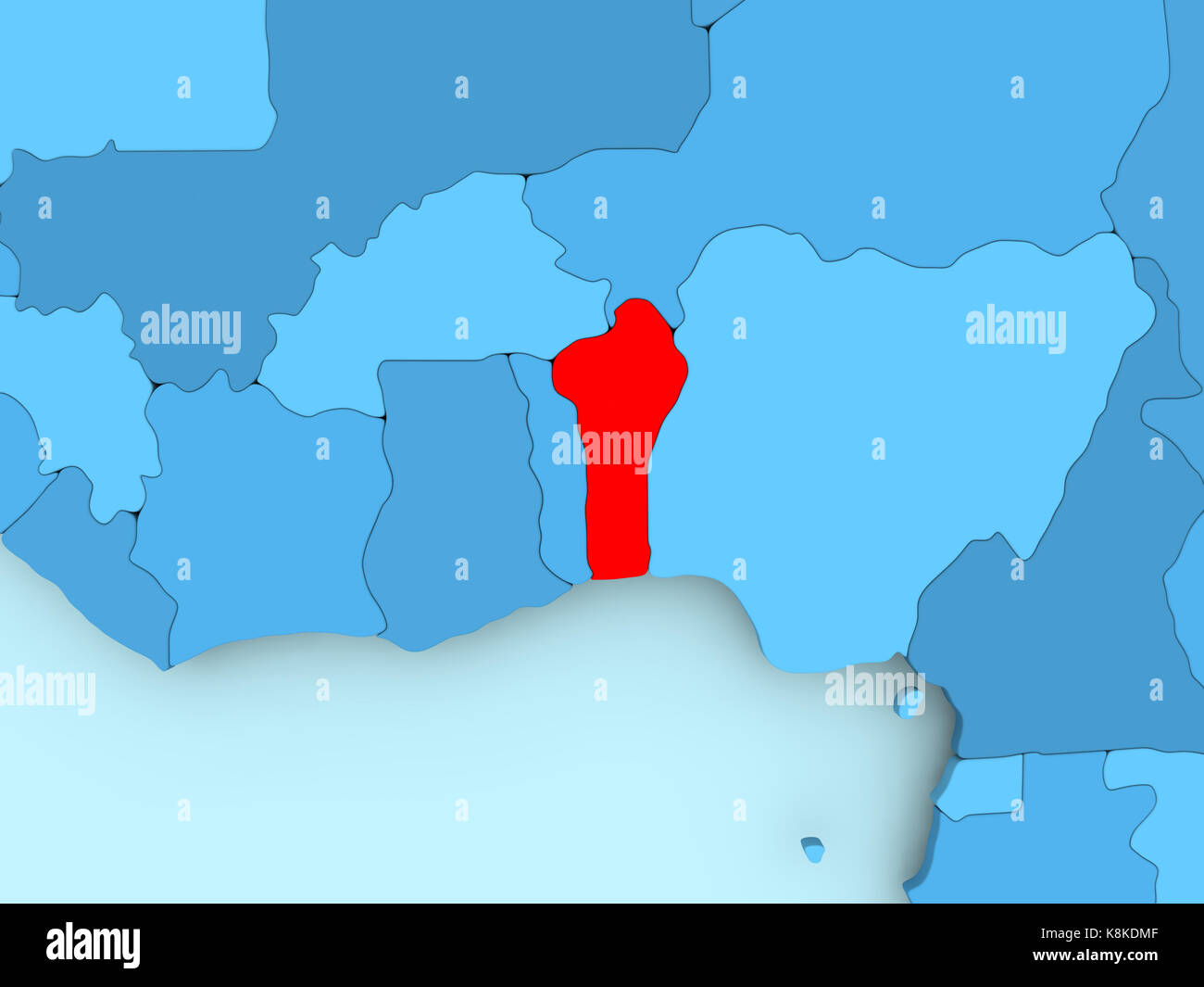 Benin in red on blue political map. 3D illustration Stock Photo - Alamy