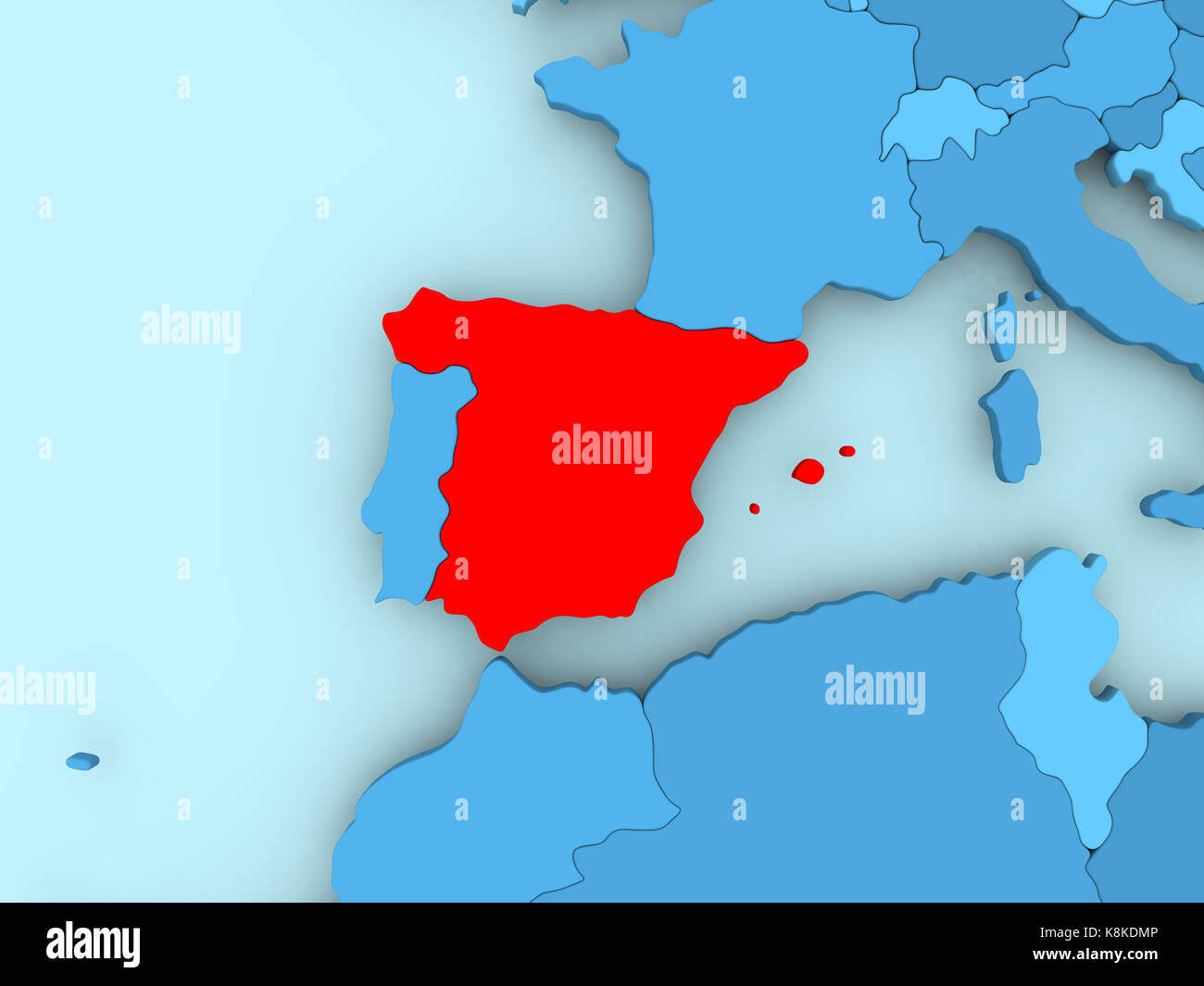 Spain in red on blue political map. 3D illustration Stock Photo - Alamy