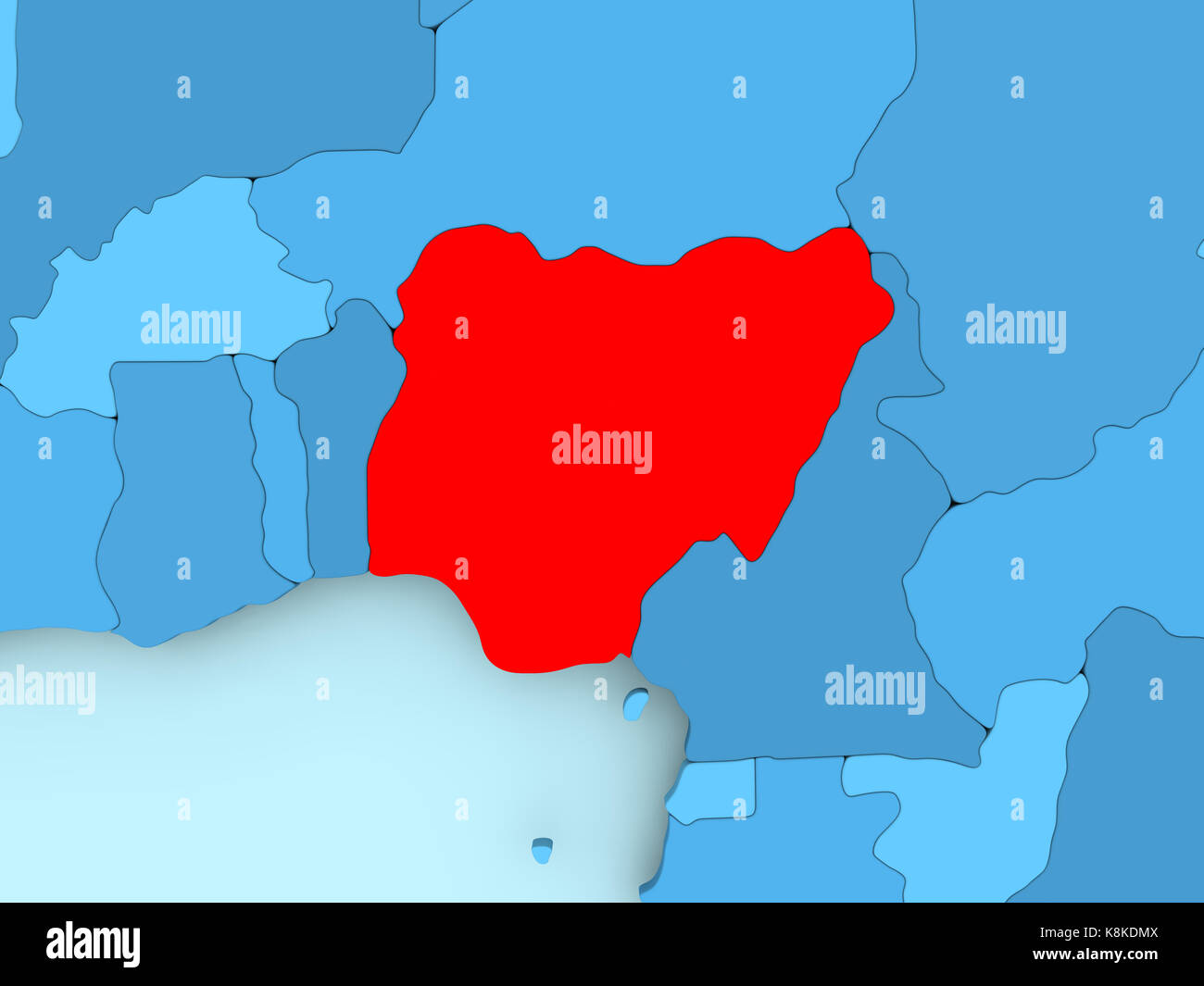 Nigeria in red on blue political map. 3D illustration Stock Photo - Alamy