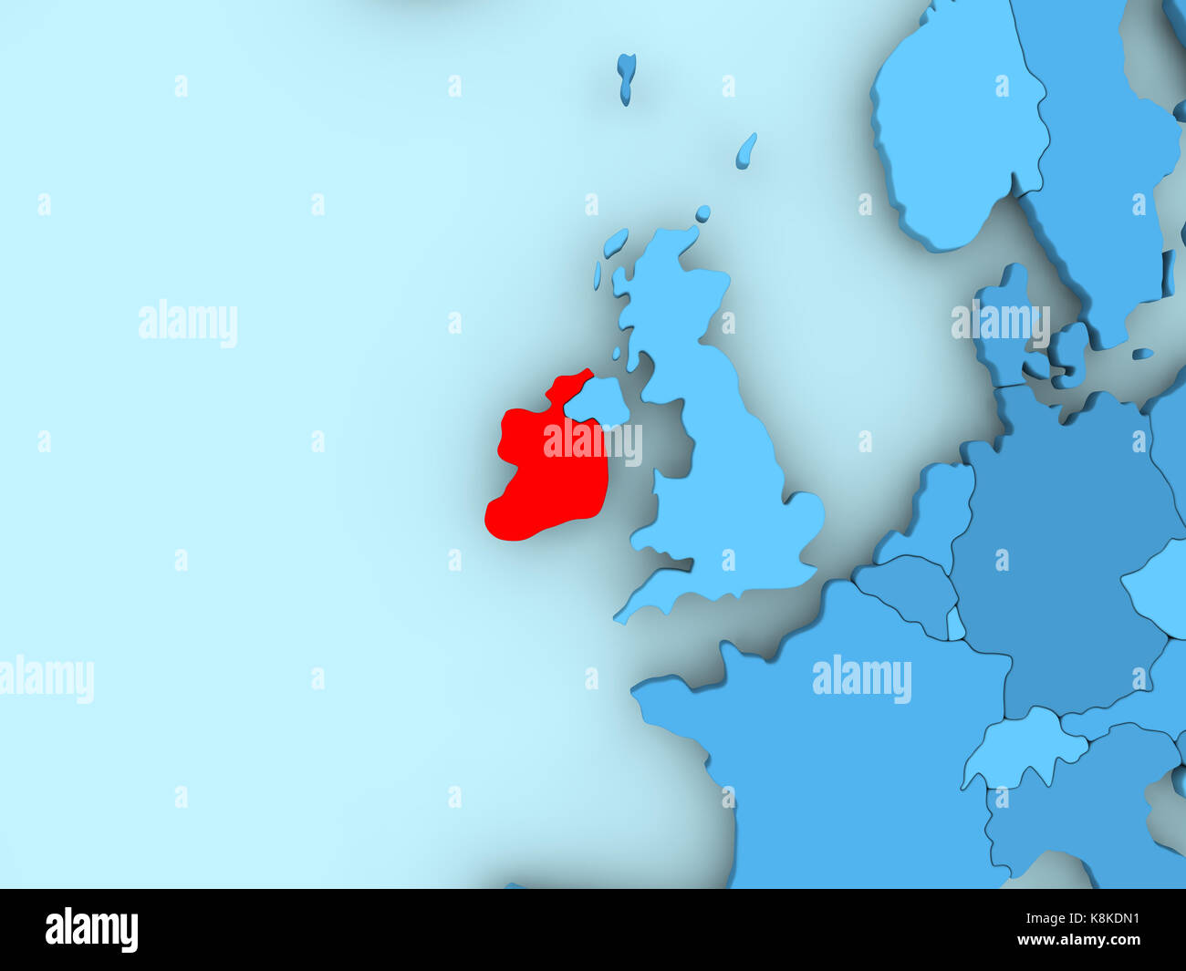 Ireland in red on blue political map. 3D illustration Stock Photo - Alamy