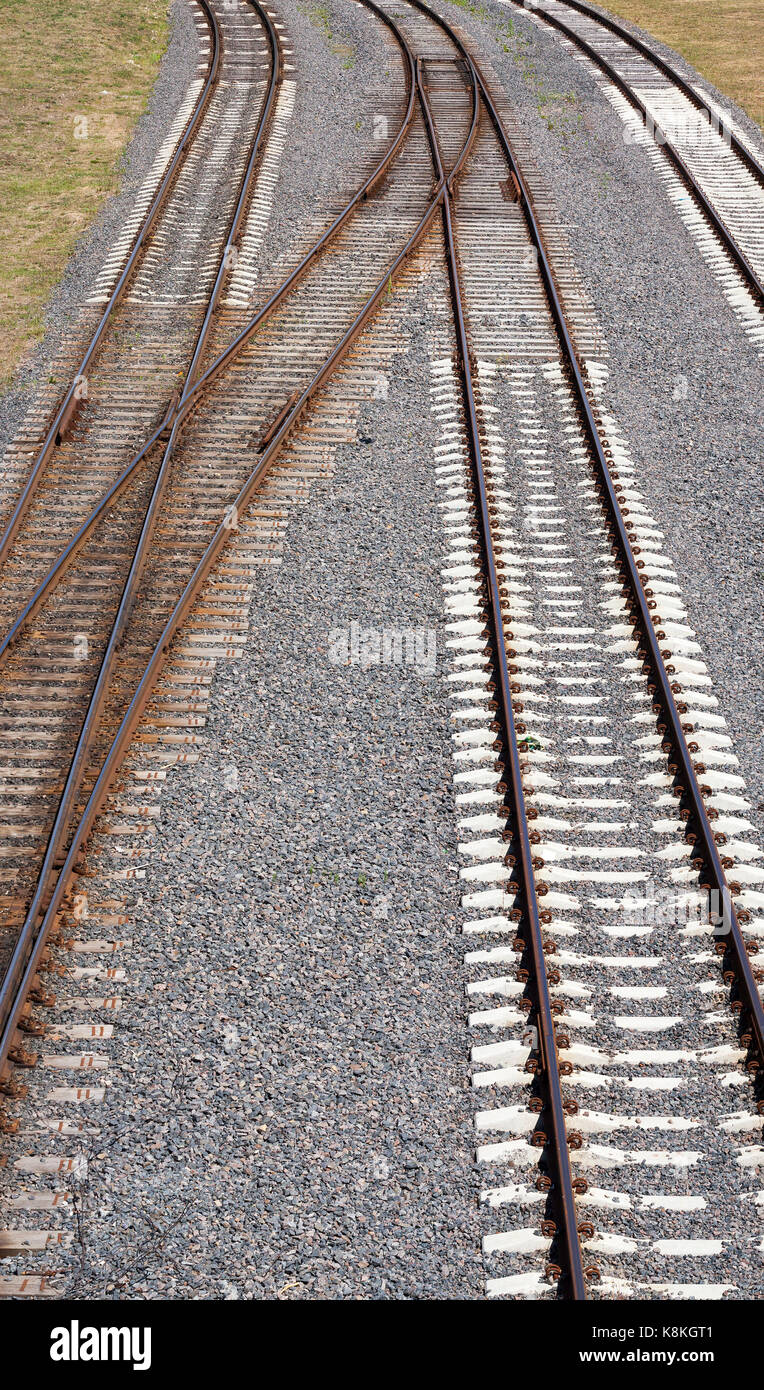 the railway. Photo from above of a close-up of rail and sleepers of ...
