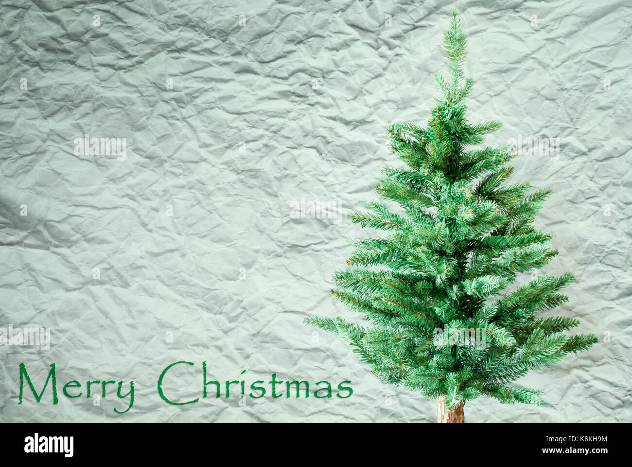 Fir Tree, Crumpled Paper Background, Text Merry Christmas Stock Photo ...