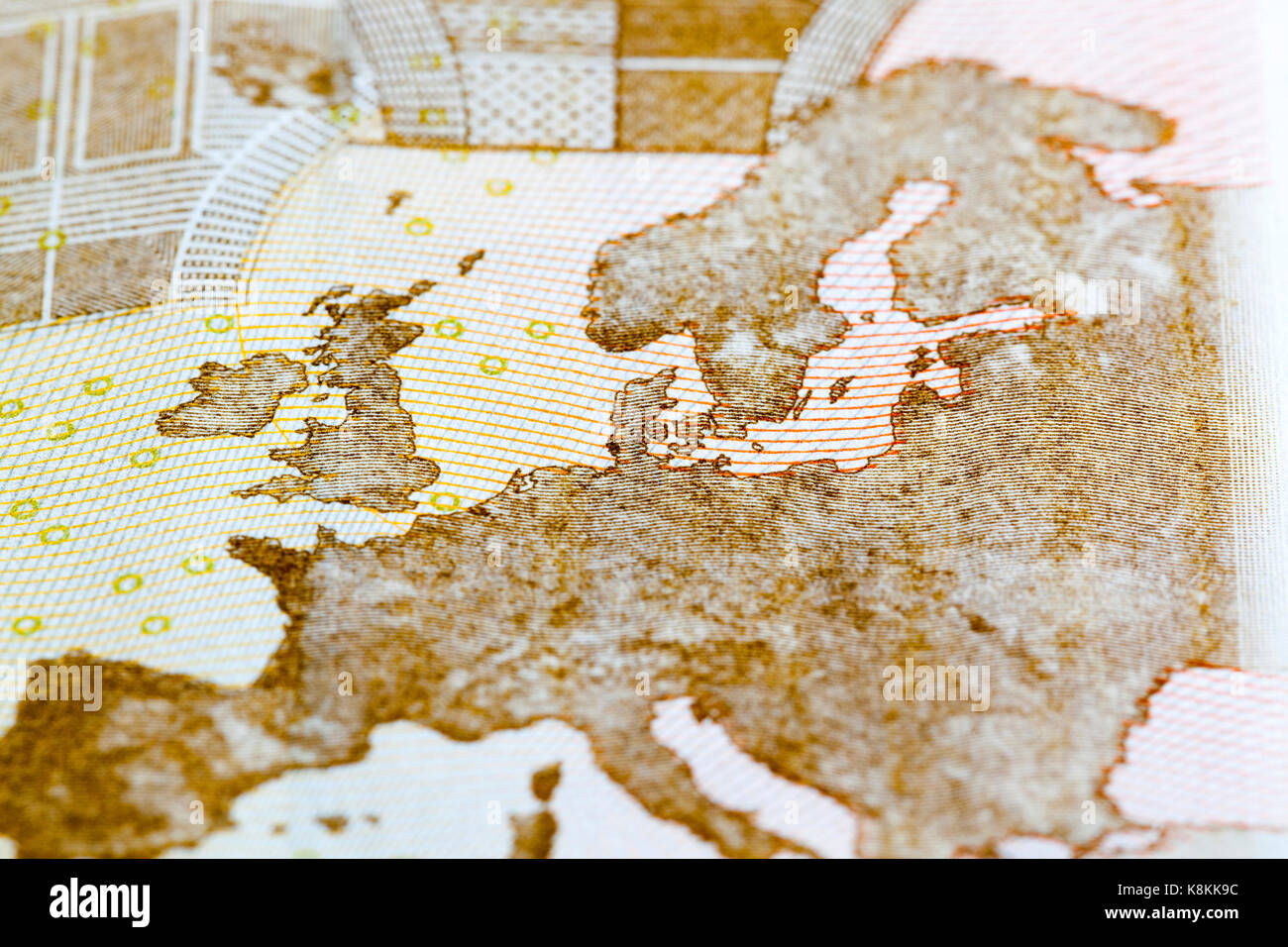 a Europe card on a fifty euro bill. close-up photo of the euro reverse ...