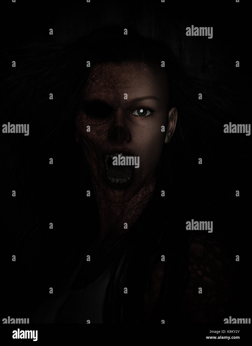 3d illustration of Woman transform to be vampire,Horror background ...