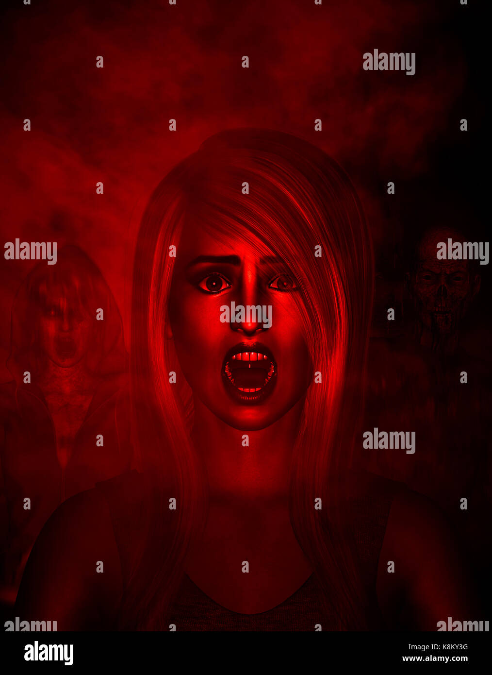3d illustration of woman is scared of ghosts from behind,Horror ...
