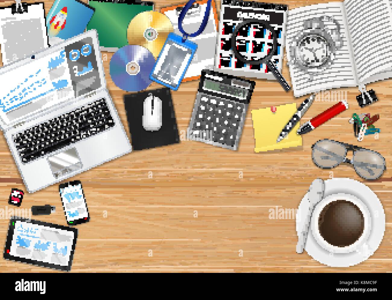 workplace with object and tools on wood table Stock Vector Image & Art ...