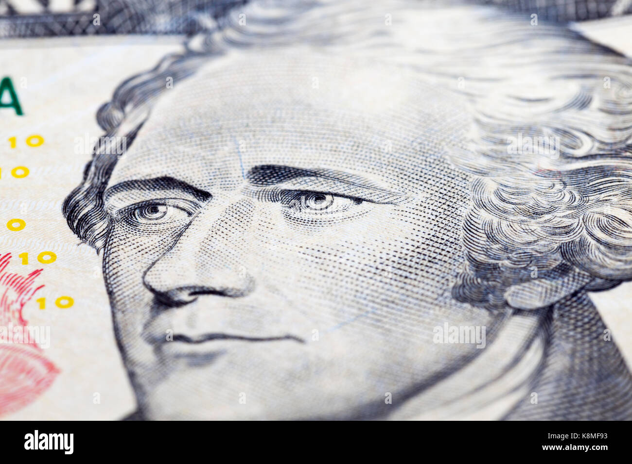 a portrait of the American Hamilton on a banknote of ten US dollars ...