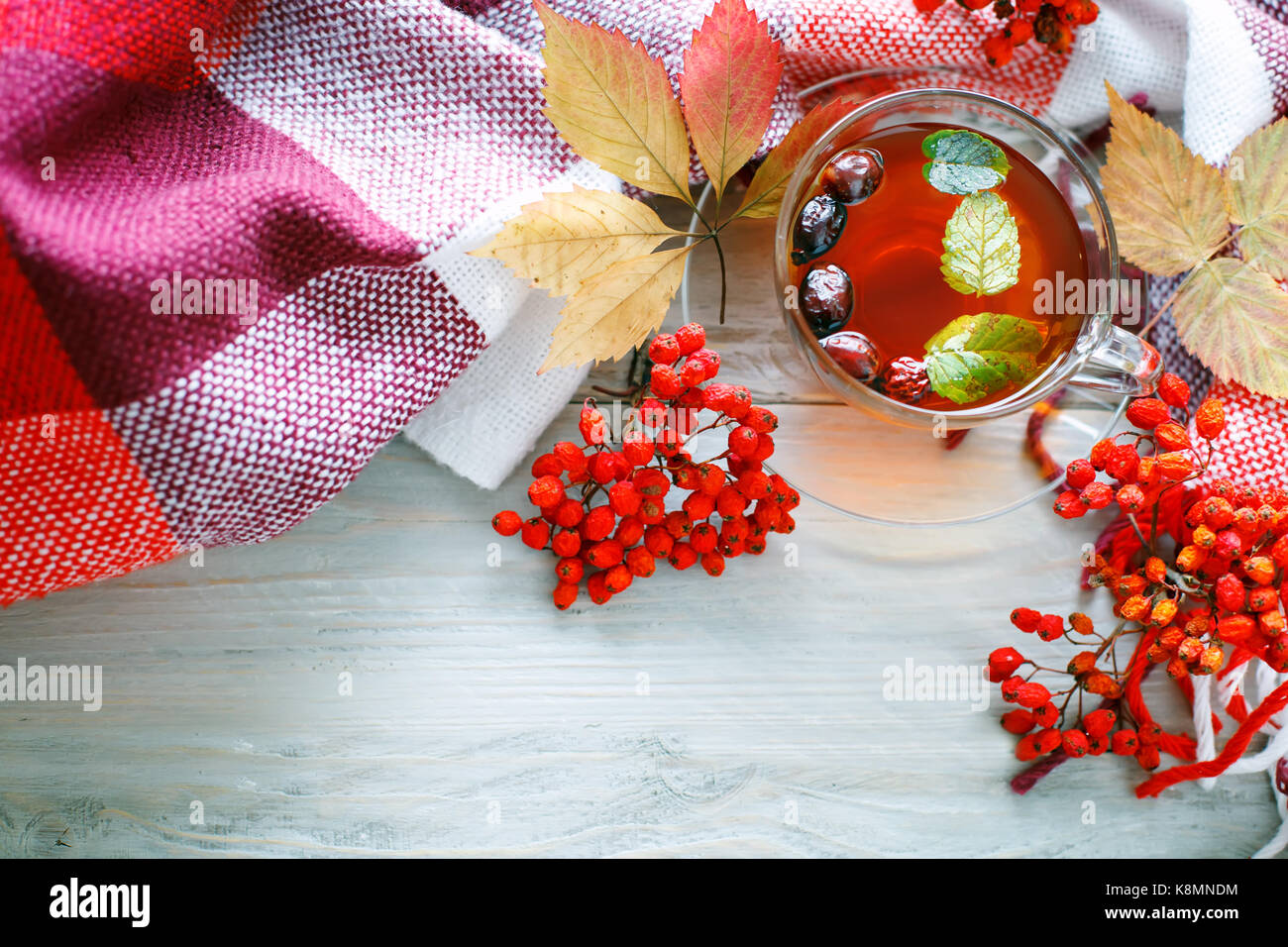 A Cup of tea and Rowan berries on a wooden table. Autumn still-life ...