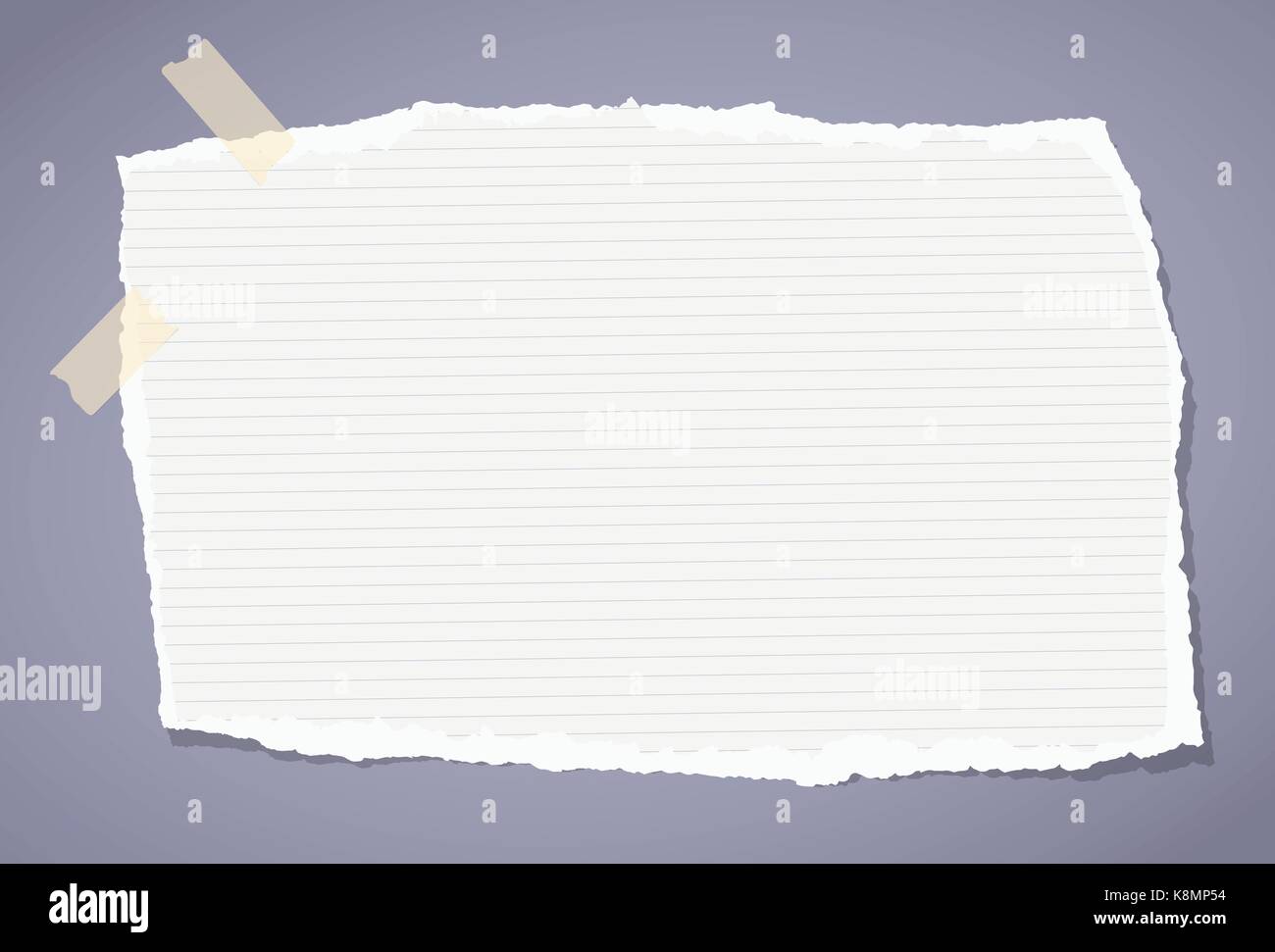 Torn ruled note, notebook, copybook paper stuck on gray background ...