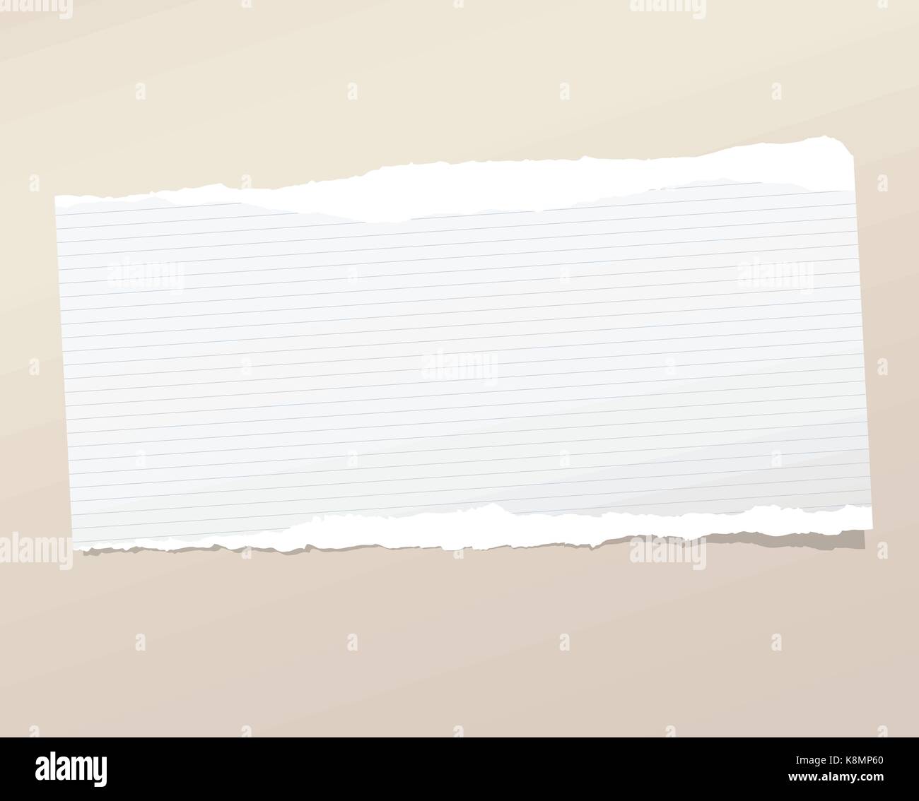 Torn note, notebook, copybook paper strip stuck on brown background ...