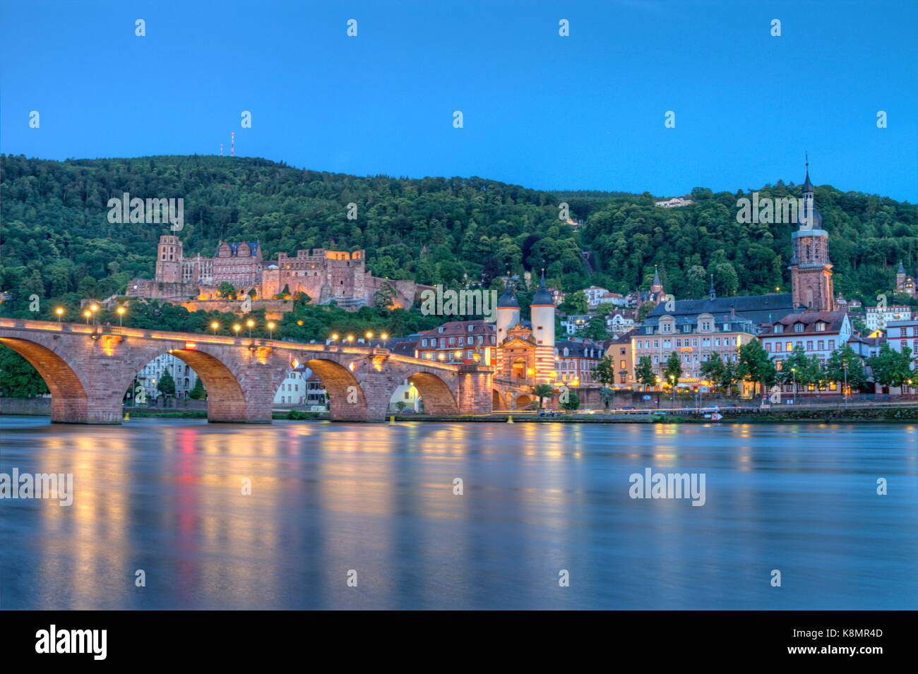 Old castle, Carl-Theodor bridge and Neckar river by night, Heidelberg ...