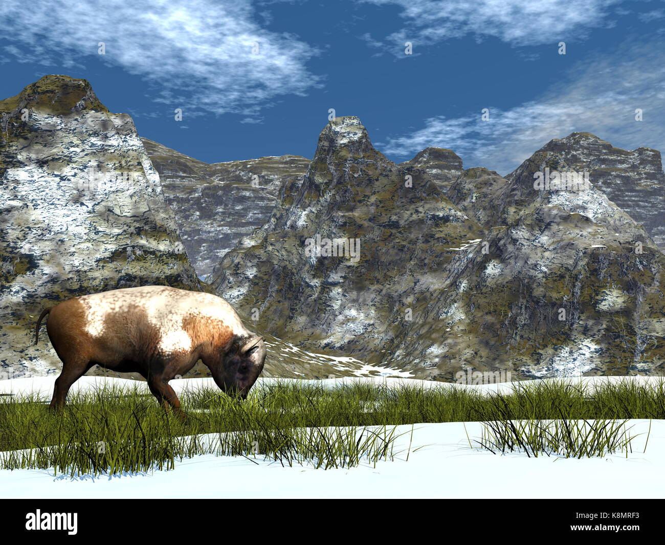 Bison in the mountain by winter - 3D render Stock Photo - Alamy