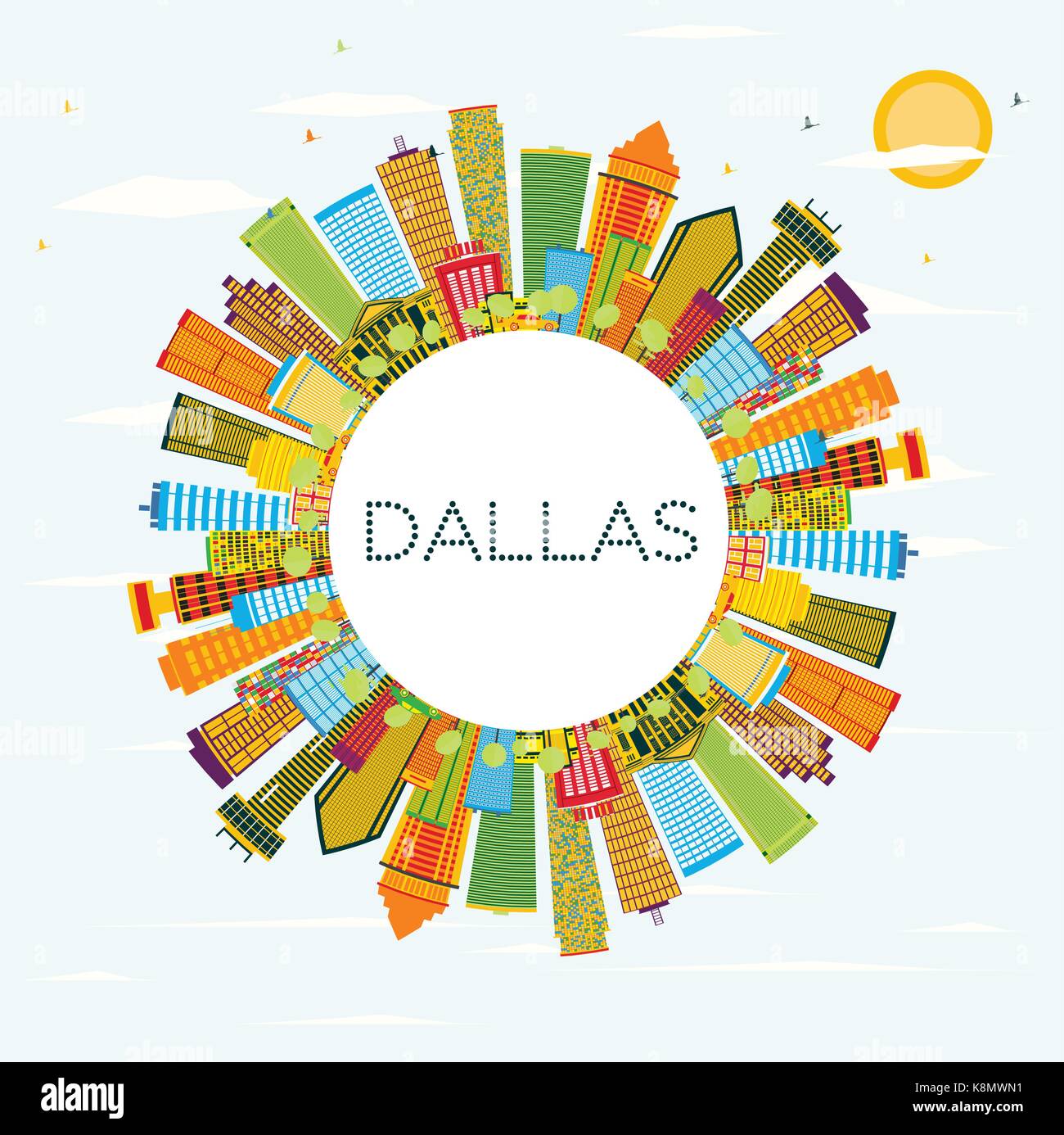 Dallas Skyline with Color Buildings, Blue Sky and Copy Space. Vector ...