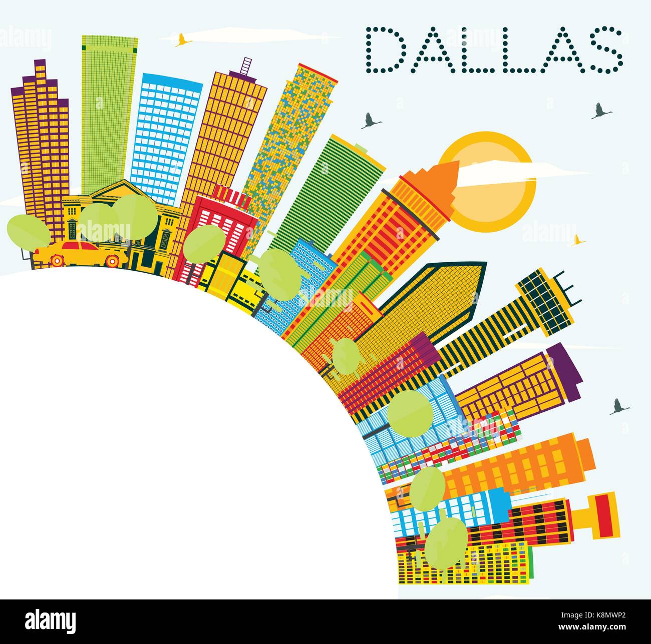 Dallas Skyline with Color Buildings, Blue Sky and Copy Space. Vector ...