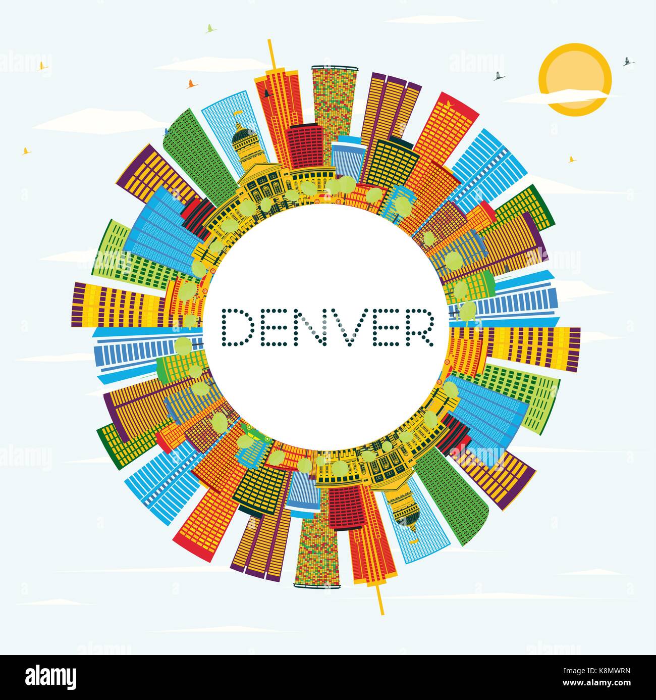Denver Skyline with Color Buildings, Blue Sky and Copy Space. Vector ...