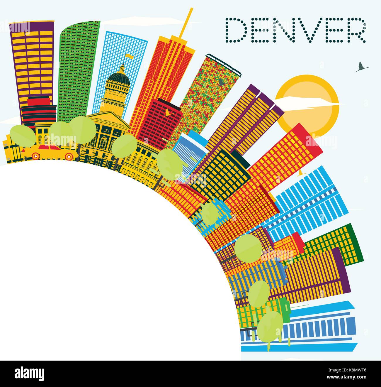 Denver Skyline with Color Buildings, Blue Sky and Copy Space. Vector ...