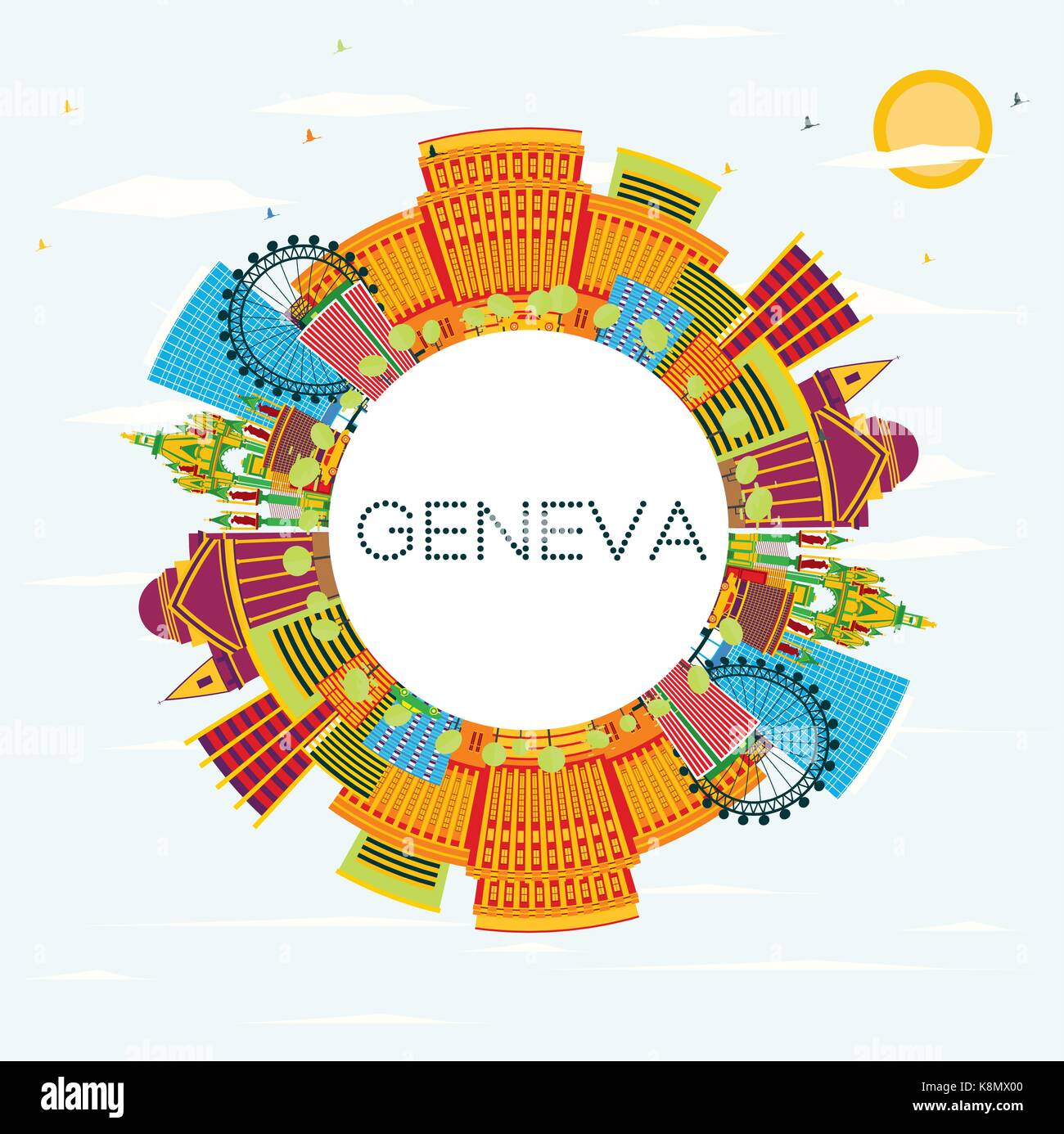 Geneva Skyline with Color Buildings, Blue Sky and Copy Space. Vector ...