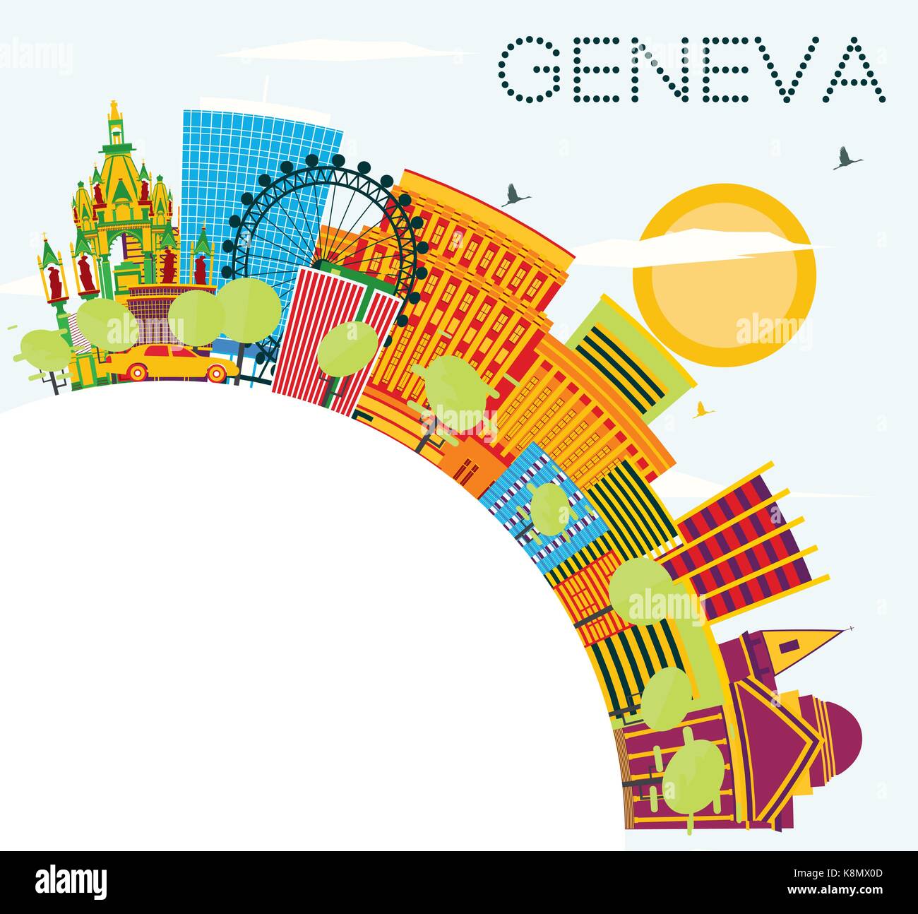 Geneva Skyline with Color Buildings, Blue Sky and Copy Space. Vector ...