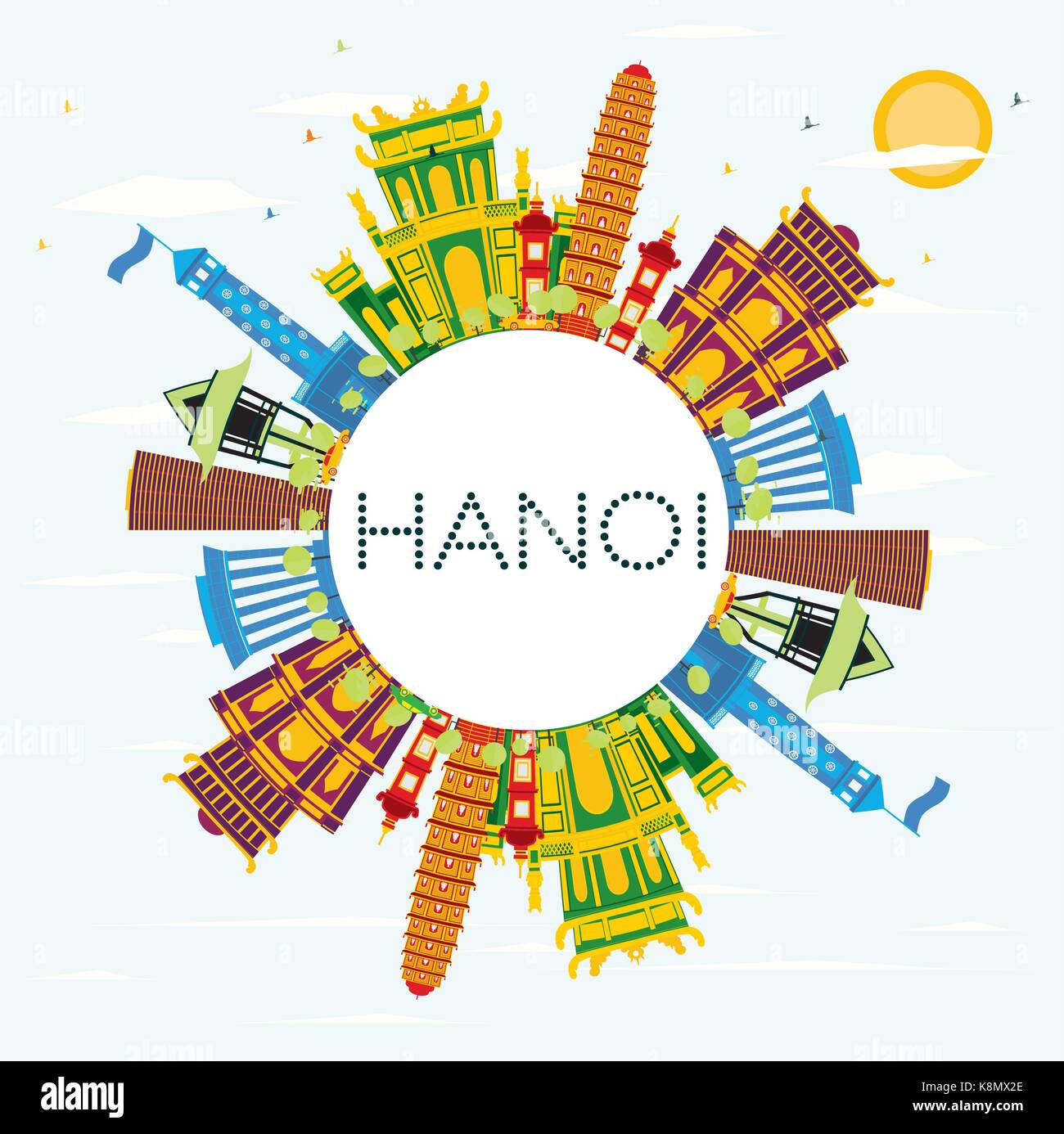 Hanoi Skyline with Color Buildings, Blue Sky and Copy Space. Vector ...