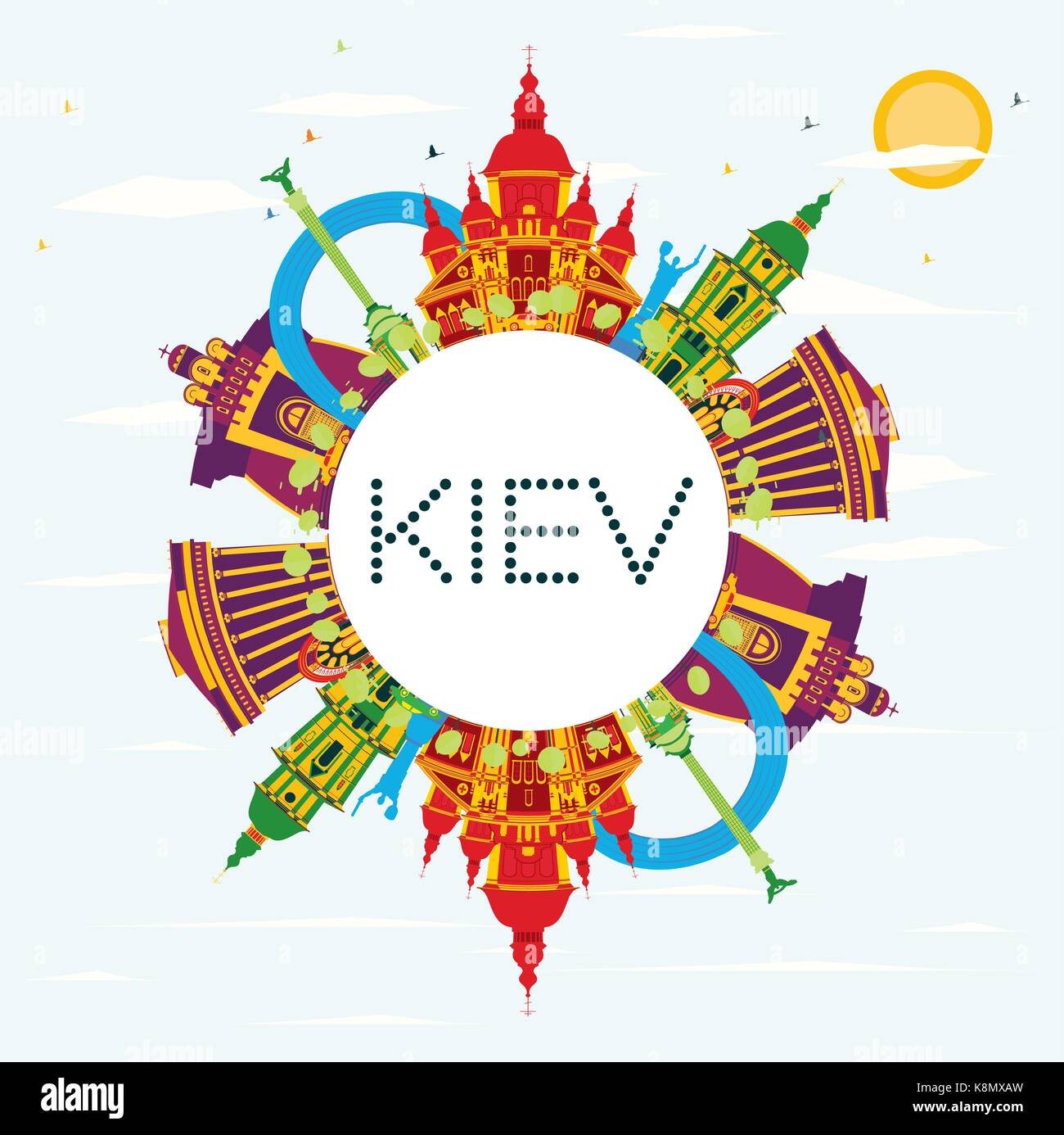 Kiev Skyline with Color Buildings, Blue Sky and Copy Space. Vector ...