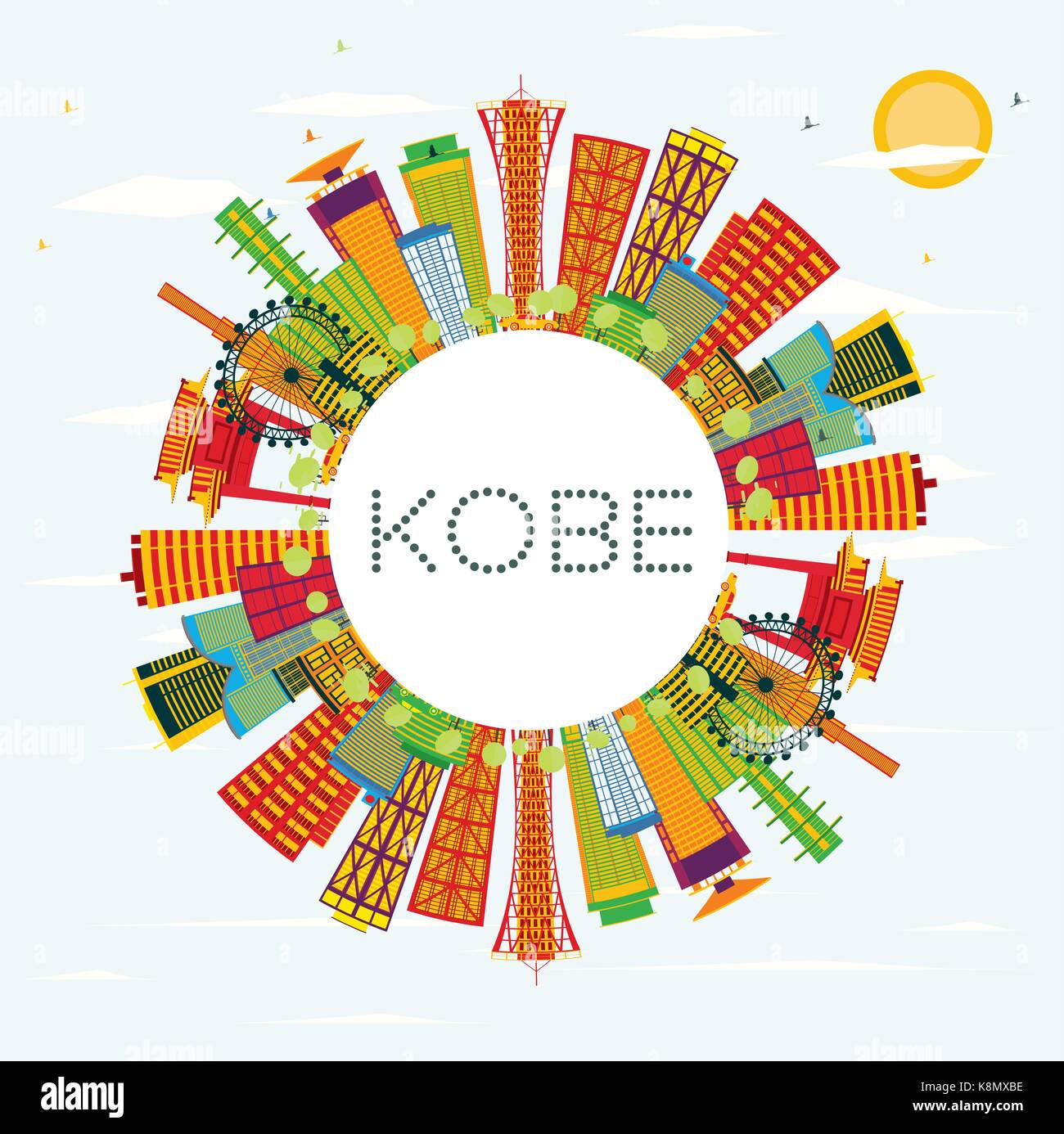 Kobe Skyline with Color Buildings, Blue Sky and Copy Space. Vector ...
