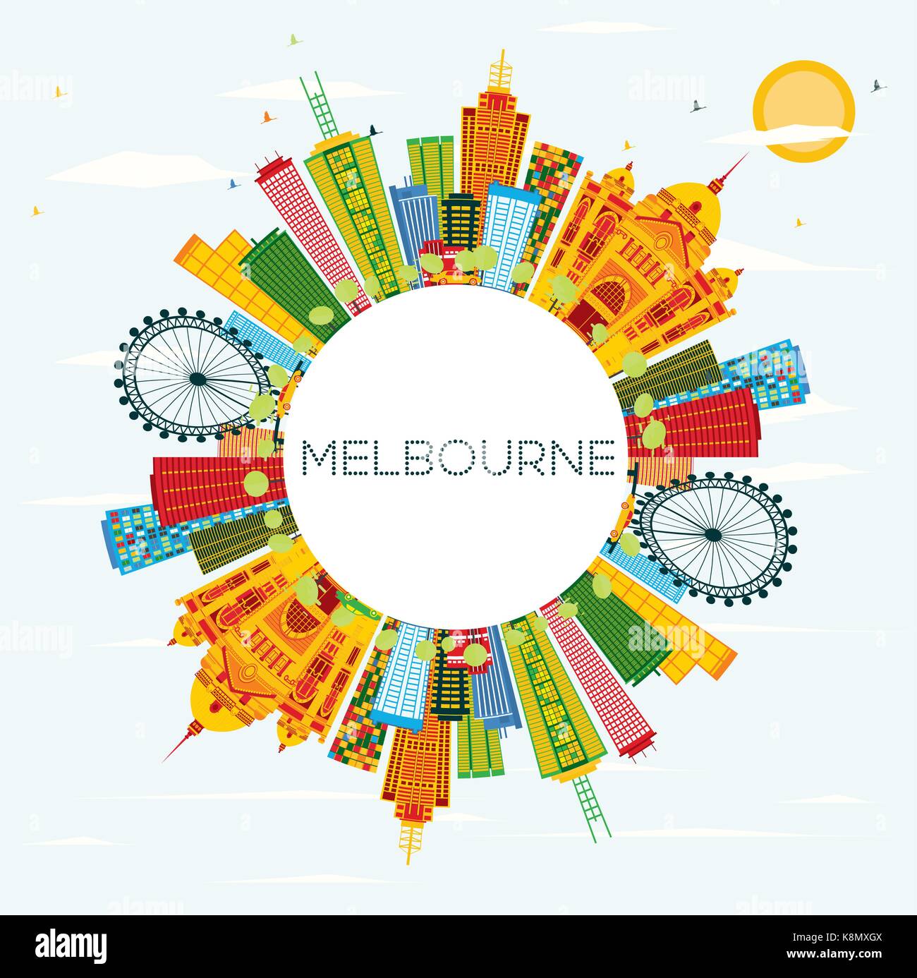 Melbourne Skyline with Color Buildings, Blue Sky and Copy Space. Vector ...