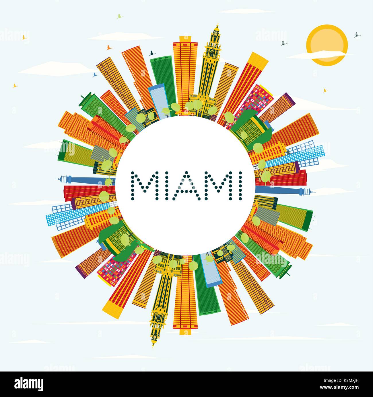 Miami Skyline with Color Buildings, Blue Sky and Copy Space. Vector ...