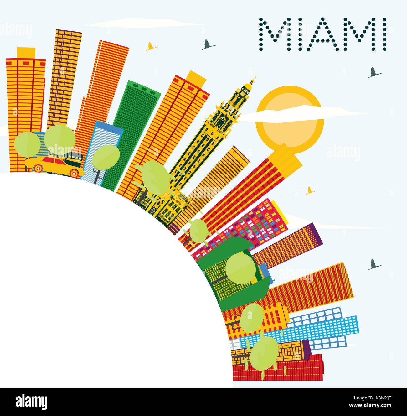 Miami Skyline with Color Buildings, Blue Sky and Copy Space. Vector ...