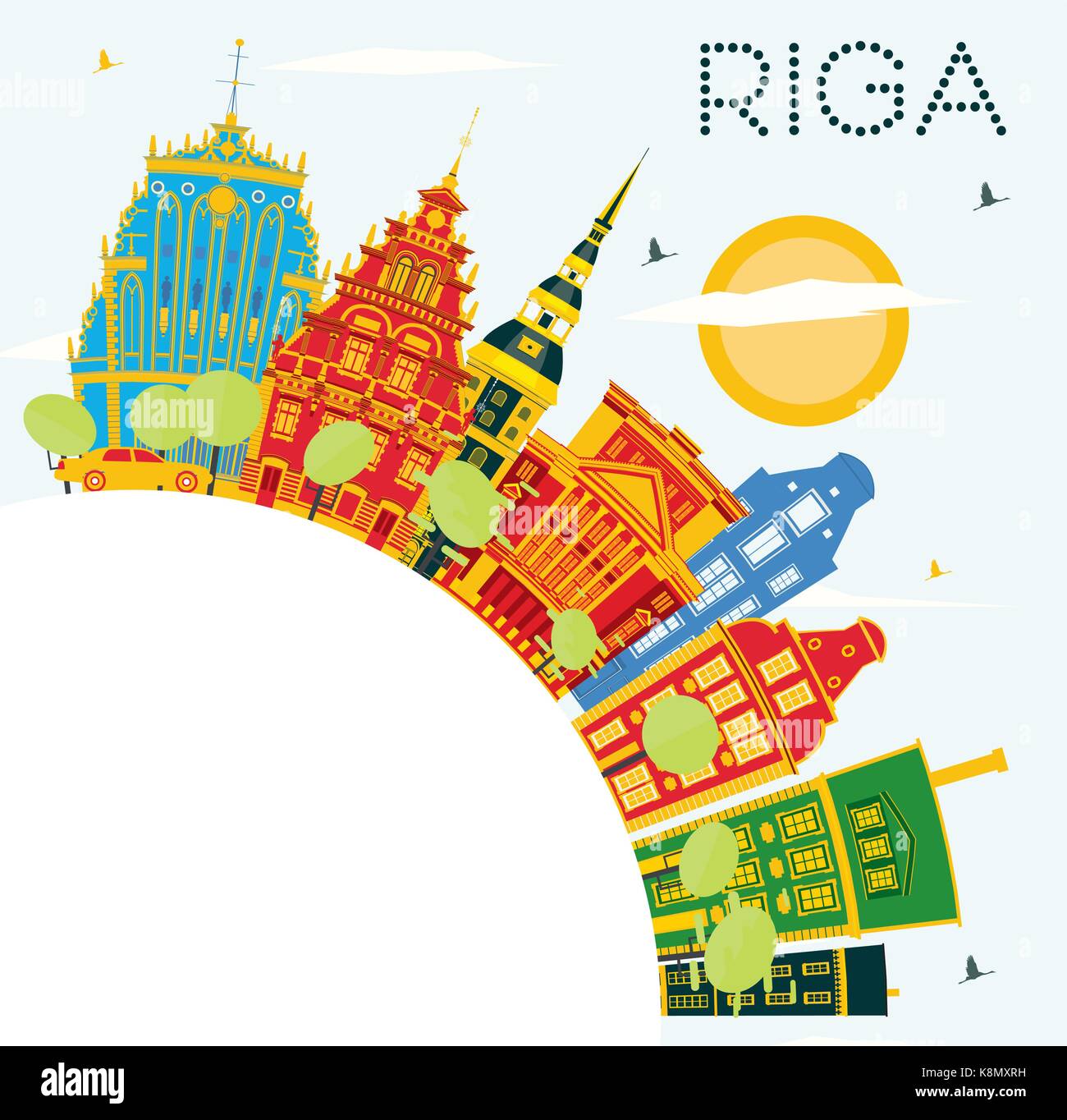 Riga Skyline with Color Buildings, Blue Sky and Copy Space. Vector ...