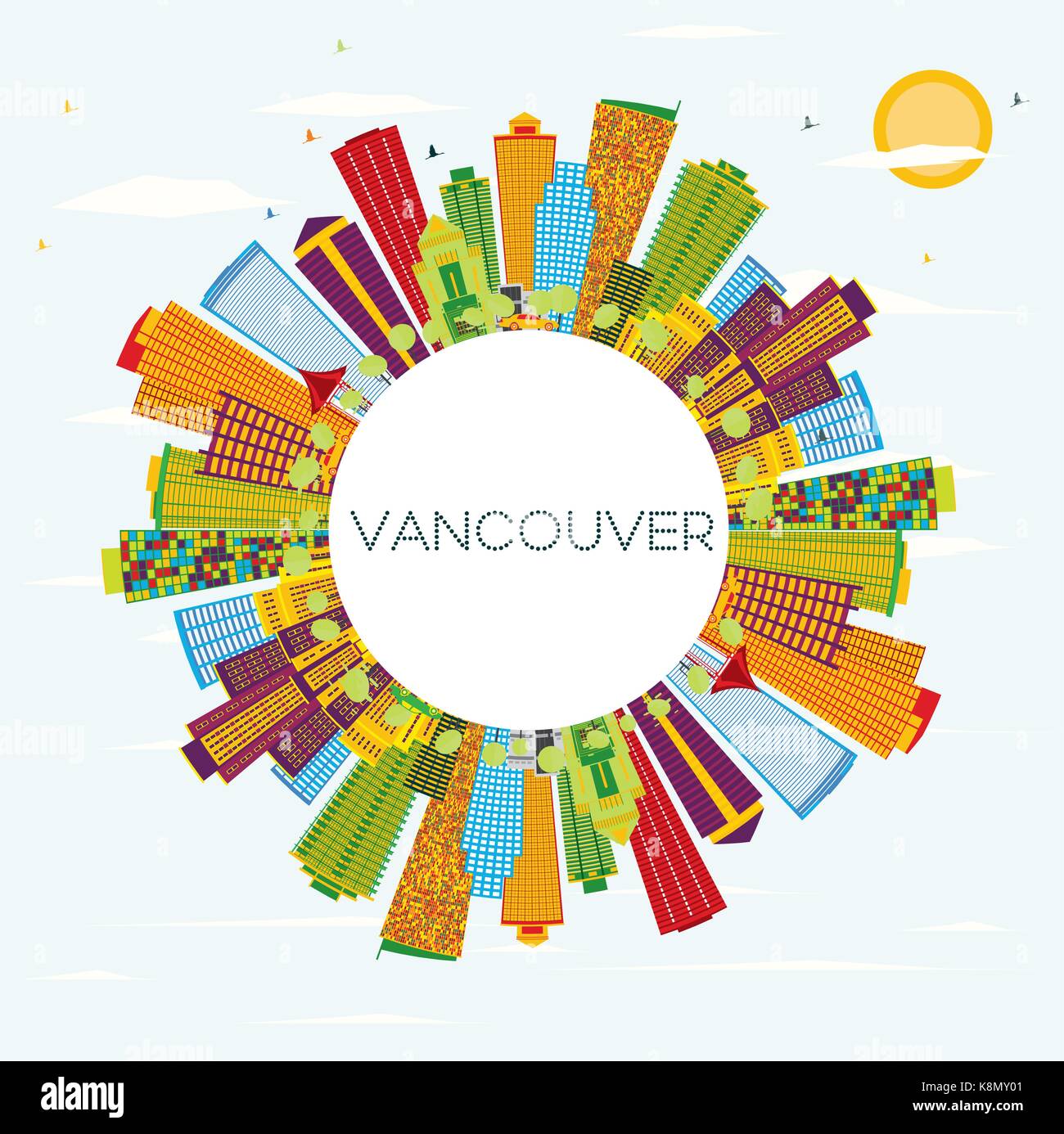 Vancouver Skyline with Color Buildings, Blue Sky and Copy Space. Vector ...