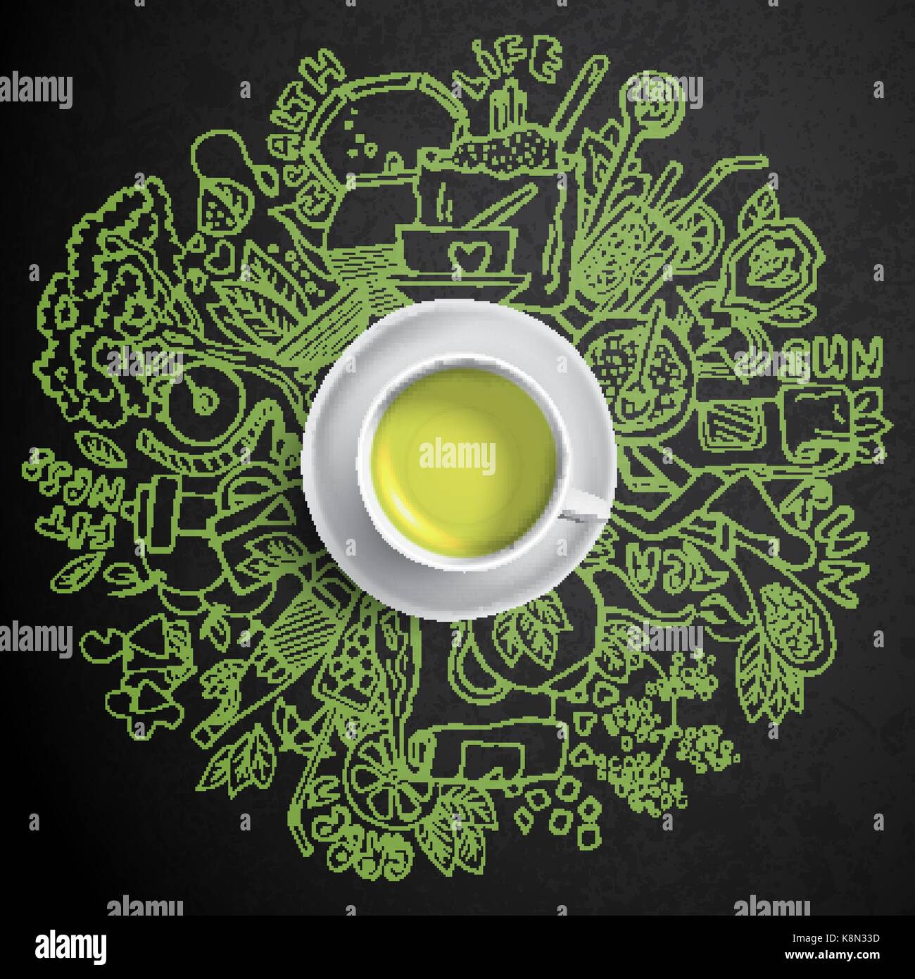 Realistic cup of green tea with circle doodles. Sketched green tea ...