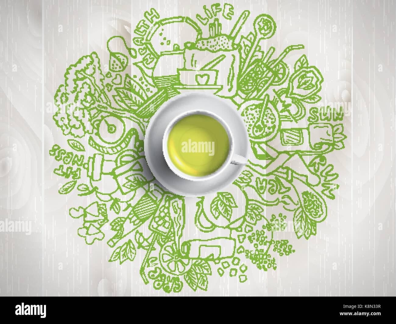 Realistic cup of green tea with circle doodles. Sketched green tea ...