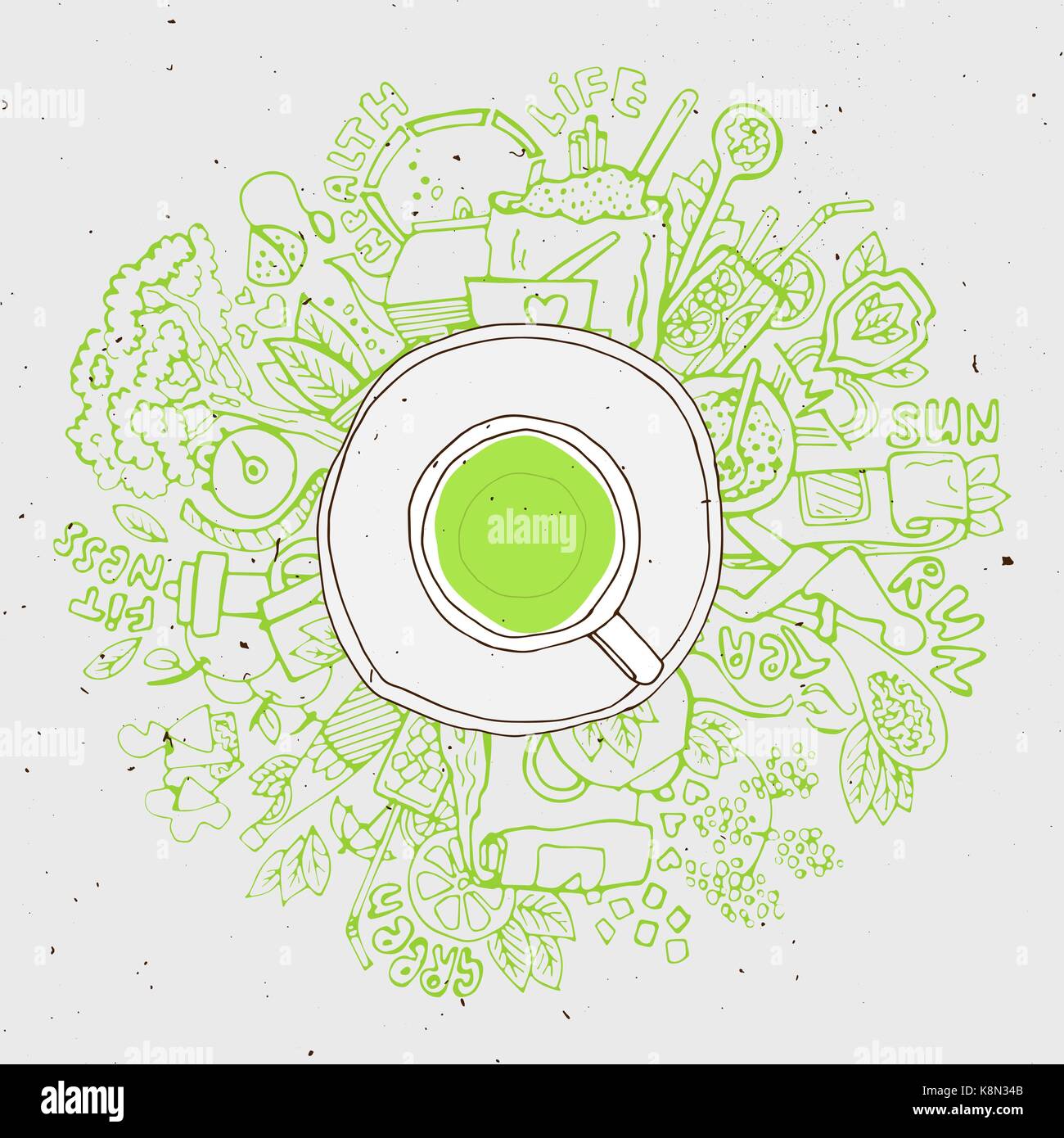 Realistic cup of green tea with circle doodles. Sketched green tea ...