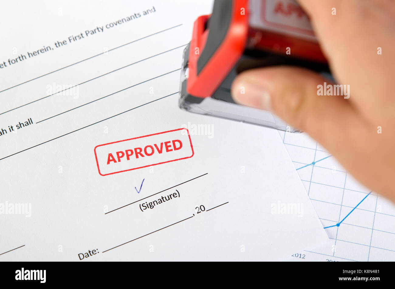 Automatic stamp on the contract document. Approved agreement. approve ...